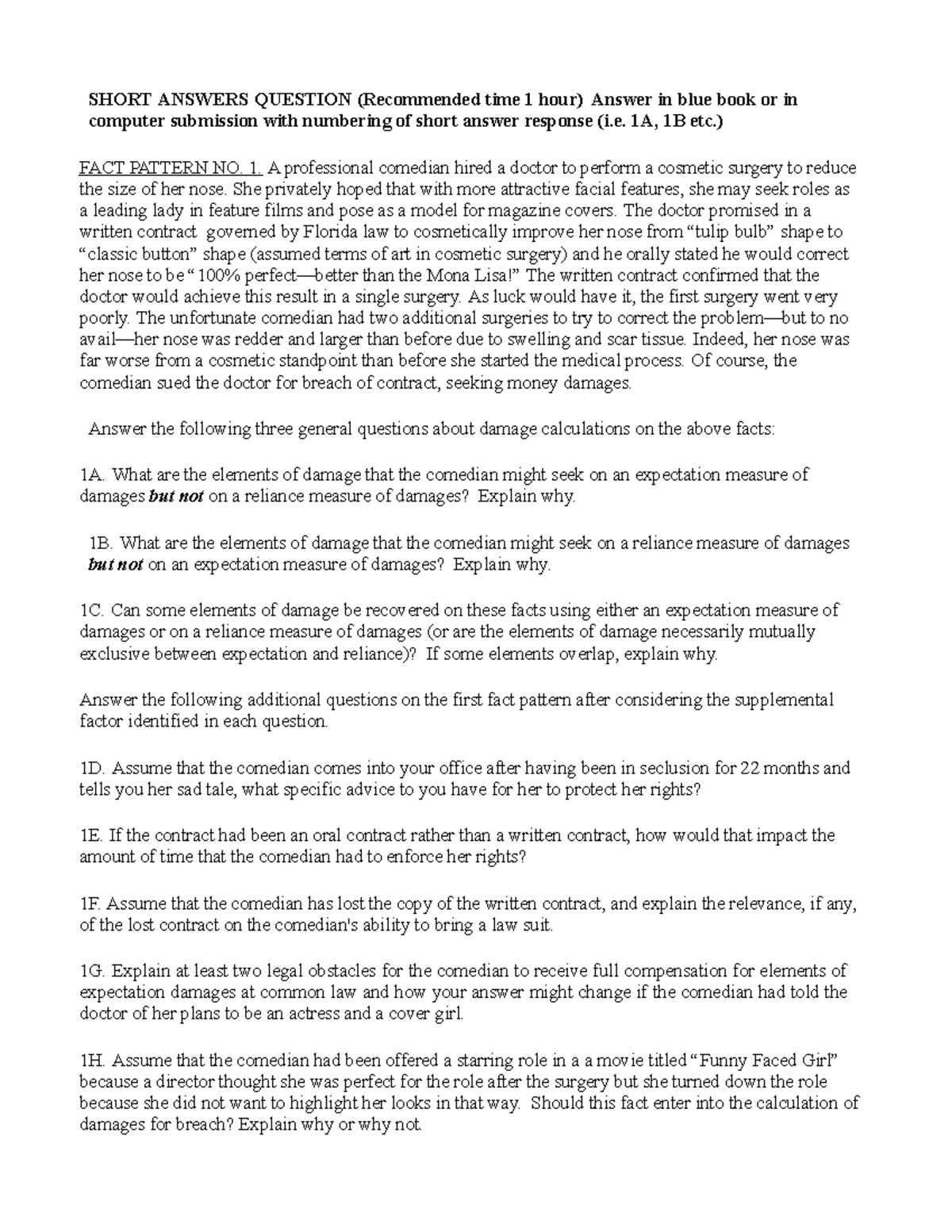 Damages Problems - SHORT ANSWERS QUESTION (Recommended time 1 hour ...