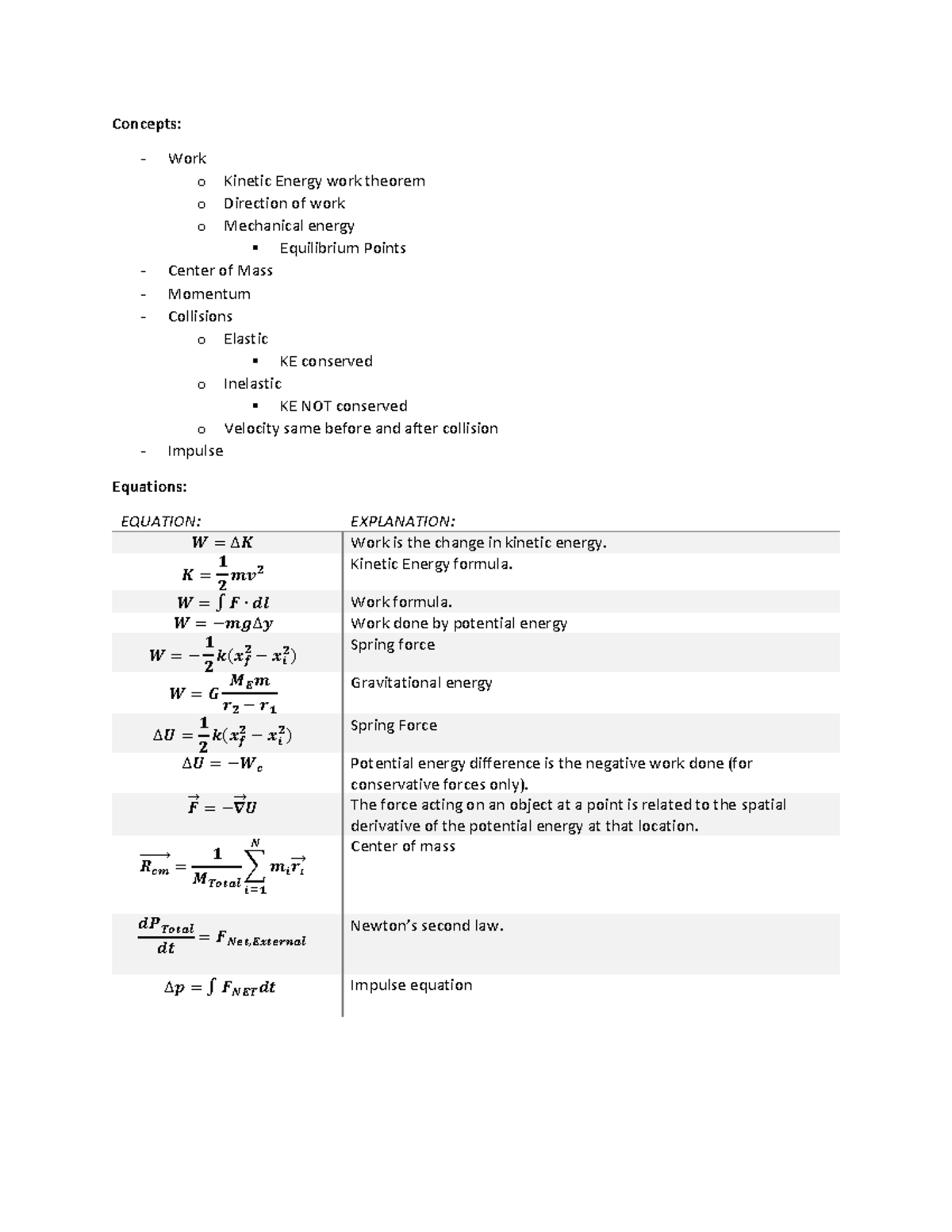 Exam 2 Review - Stelzer, Timothy - Concepts: Work o Kinetic Energy work ...