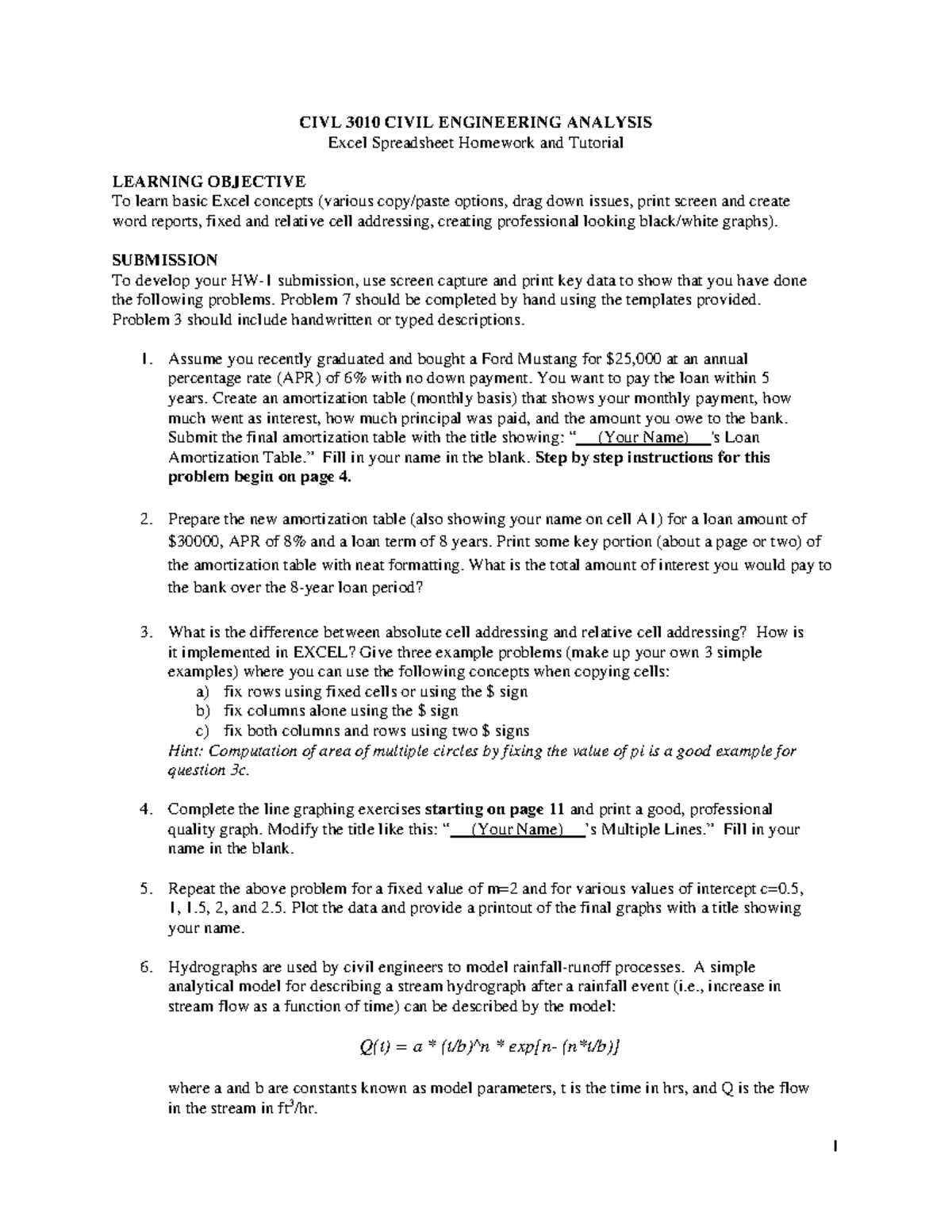 Civil 3010 spreadsheet homework and tutorial - CIVL 3010 CIVIL ...