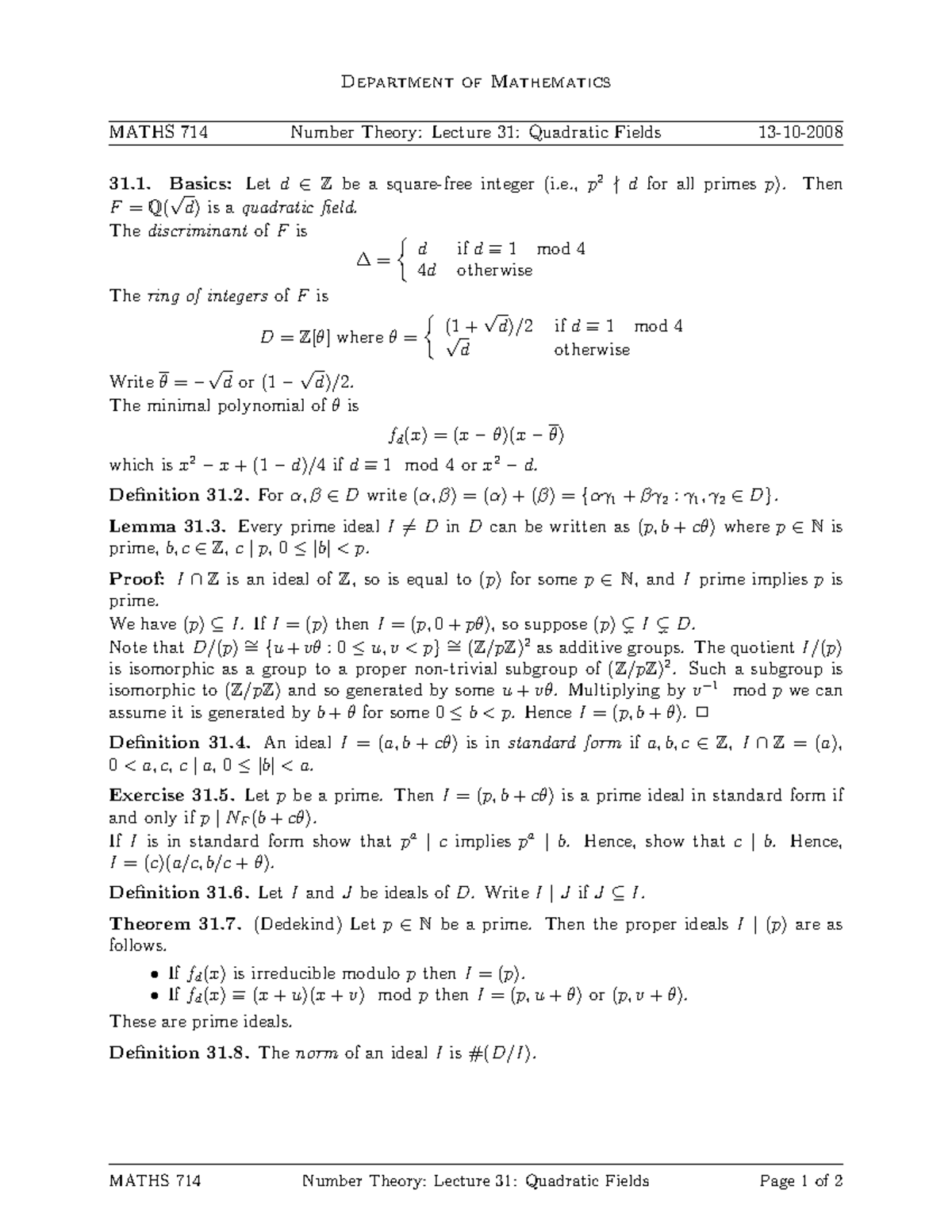 MATHS714 2008 Lecture 31 - Quadratic fields - Department of Mathematics ...