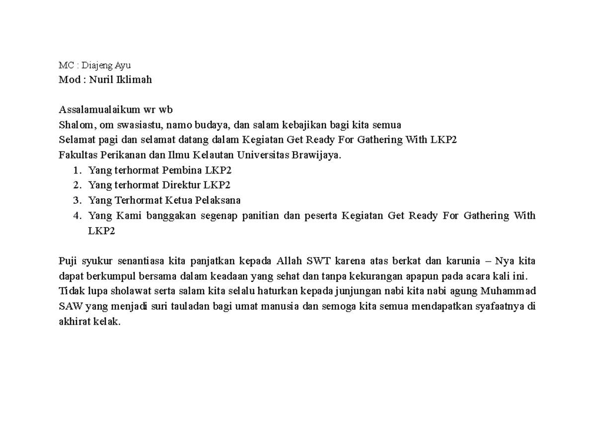 Teks Mod MC Bonding - ............ - MC : Diajeng Ayu Mod : Nuril Iklimah Assalamualaikum wr wb ...