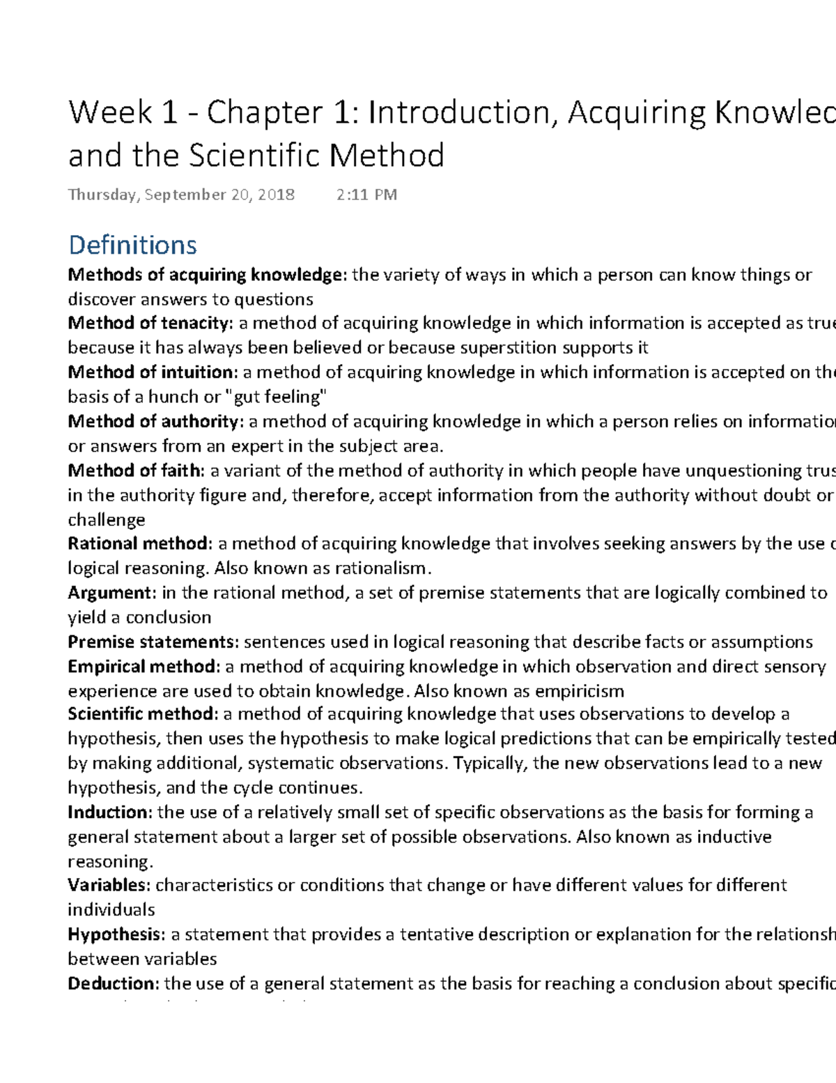 Week 1 - Chapter 1 Introduction, Acquiring Knowledge, and the ...