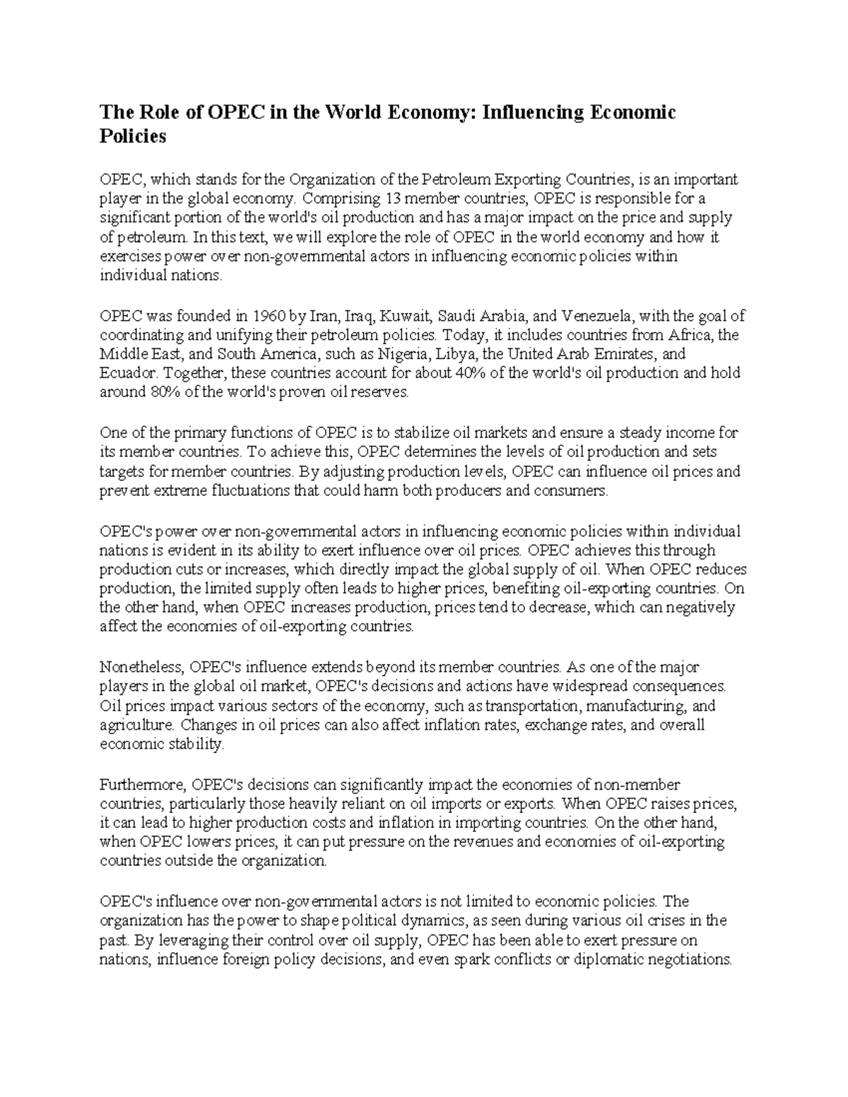 Practice FRQ AP Human - The Role of OPEC in the World Economy ...