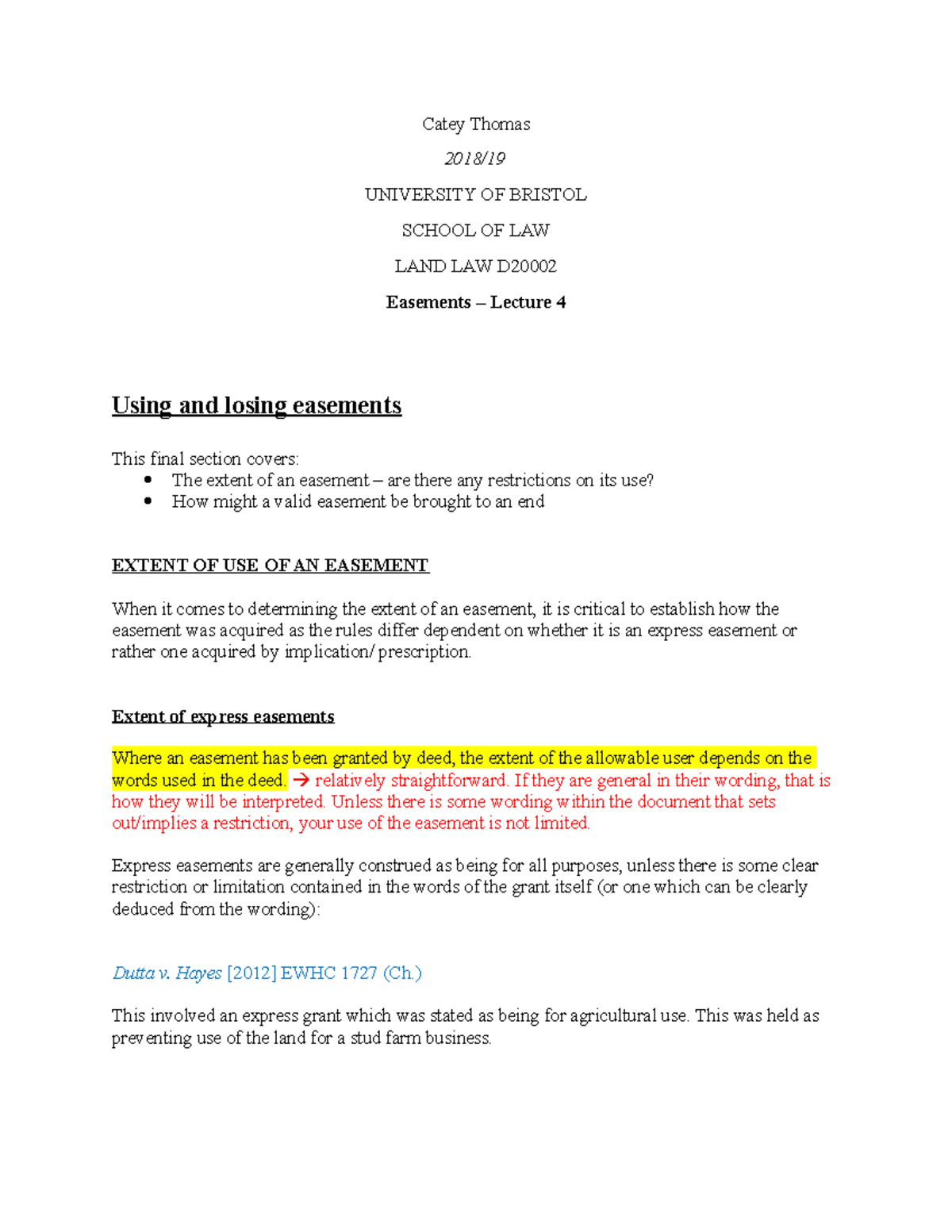 18:02:19 - Easements lecture 4 notes - Catey Thomas 2018/ UNIVERSITY OF ...