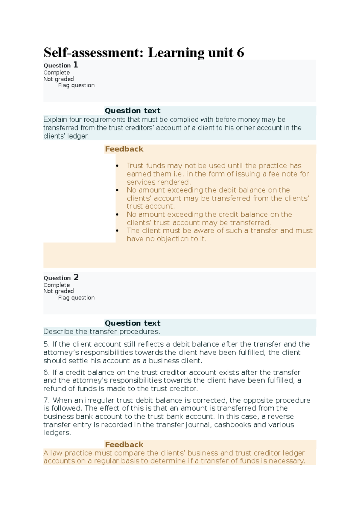 LU6 Self Assessment Q&A - Self-assessment: Learning unit 6 Question 1 ...