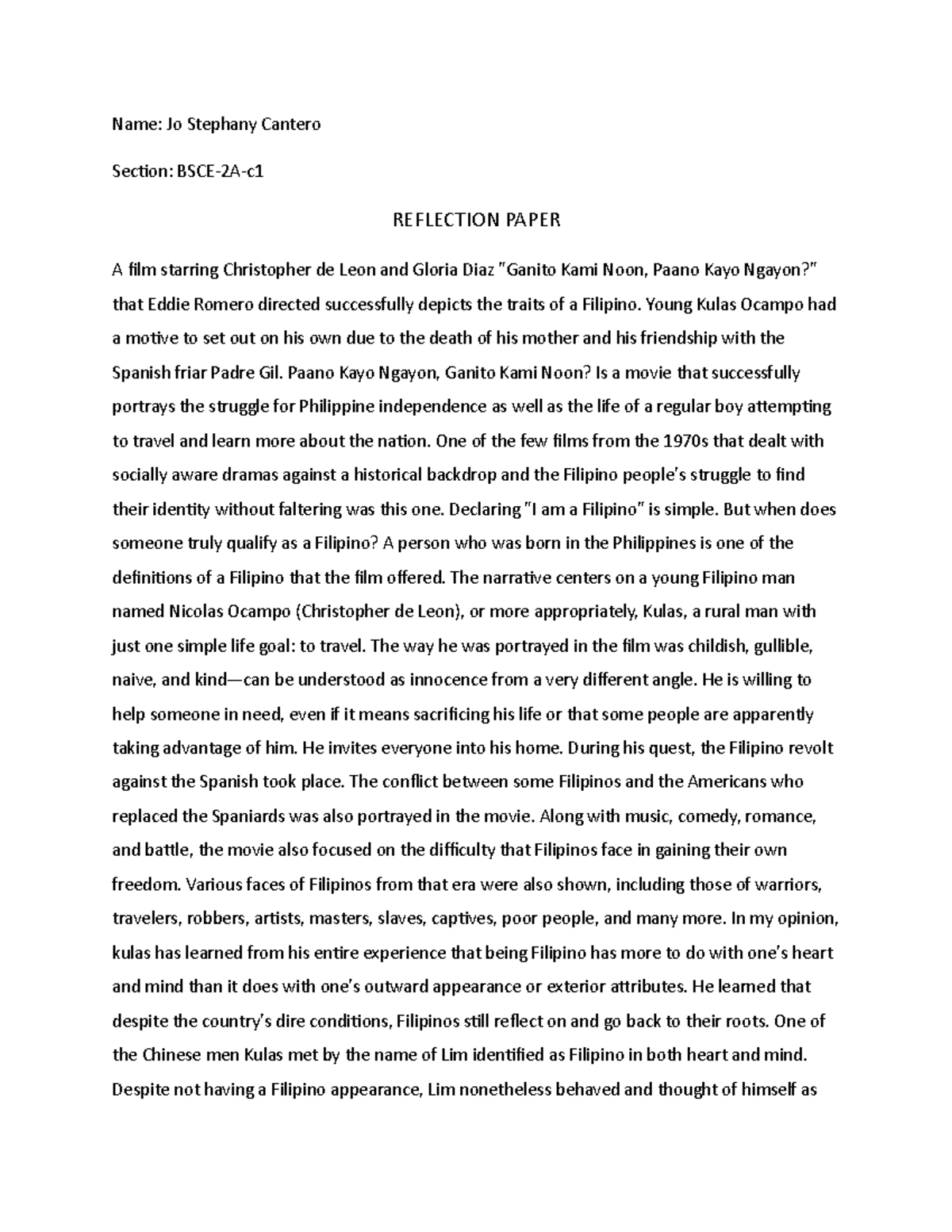 Reflection Paper Cantero - Name: Jo Stephany Cantero Section: BSCE-2A-c ...