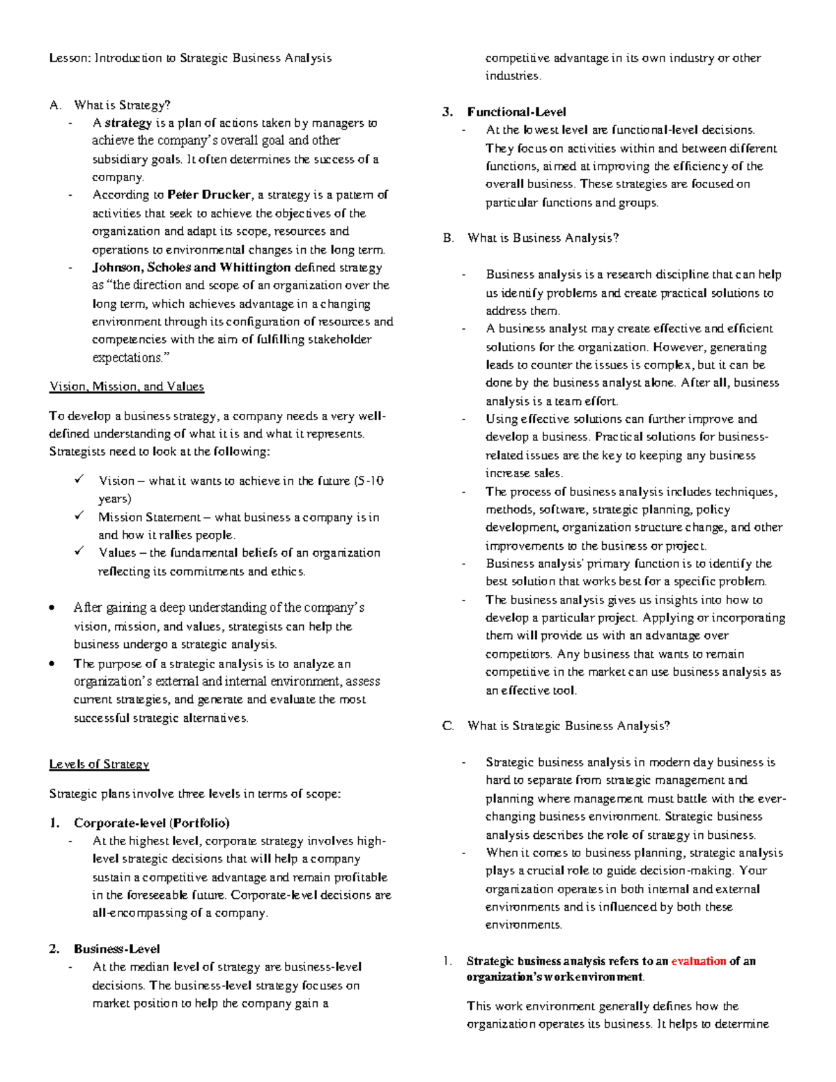 Reviewer-in-SBA - Reviewer in SBA - Lesson: Introduction to Strategic Business Analysis A. What ...