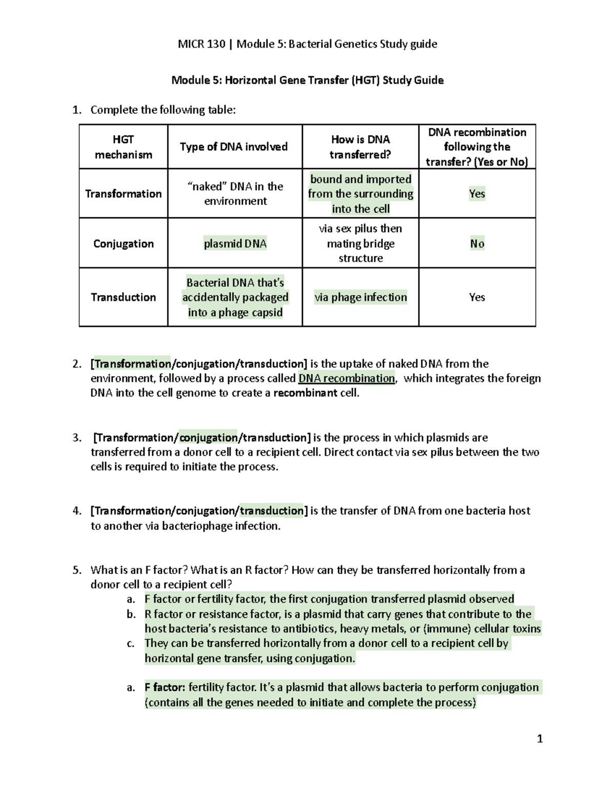 Module 5 Horizontal Gene Transfer Study Guide - MICR 130 | Module 5 ...