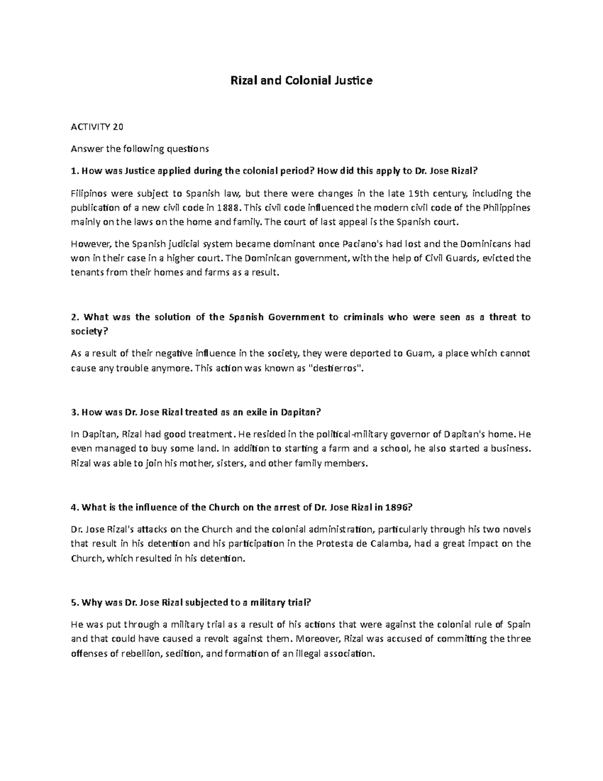 R20 - R20 RIZAL - Rizal and Colonial Justice ACTIVITY 20 Answer the ...