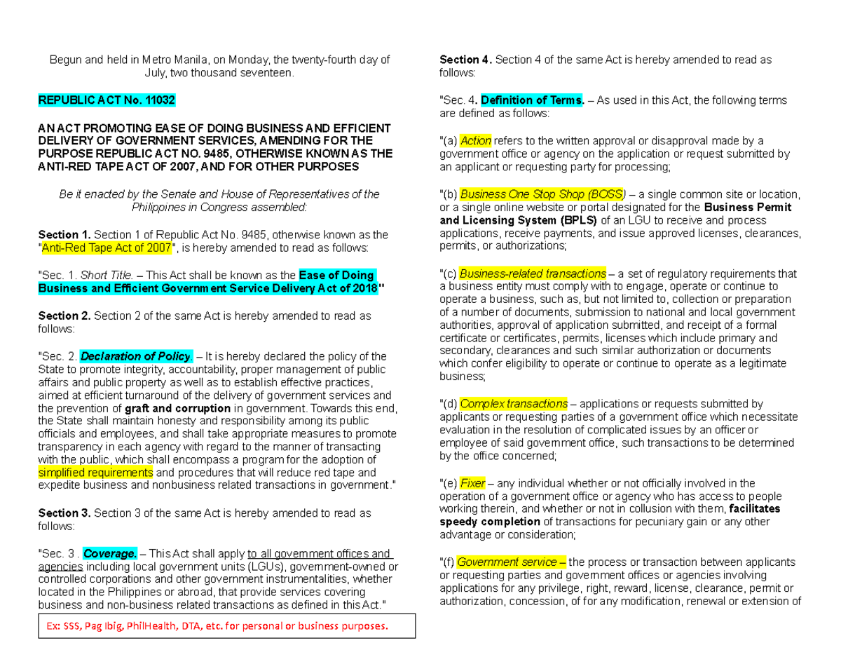 RA 11032. What is the quantitative threshold for the revenue that must ...