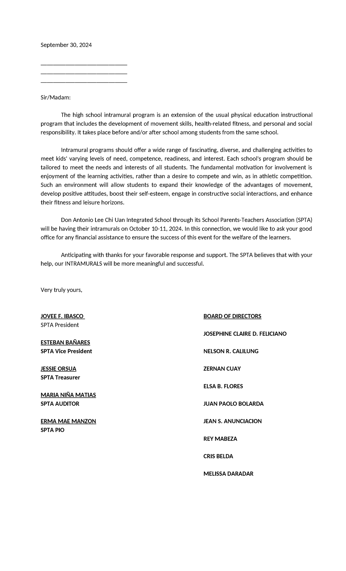 SPTA Letter Intrams - September 30, 2024 Sir/Madam: The high school ...