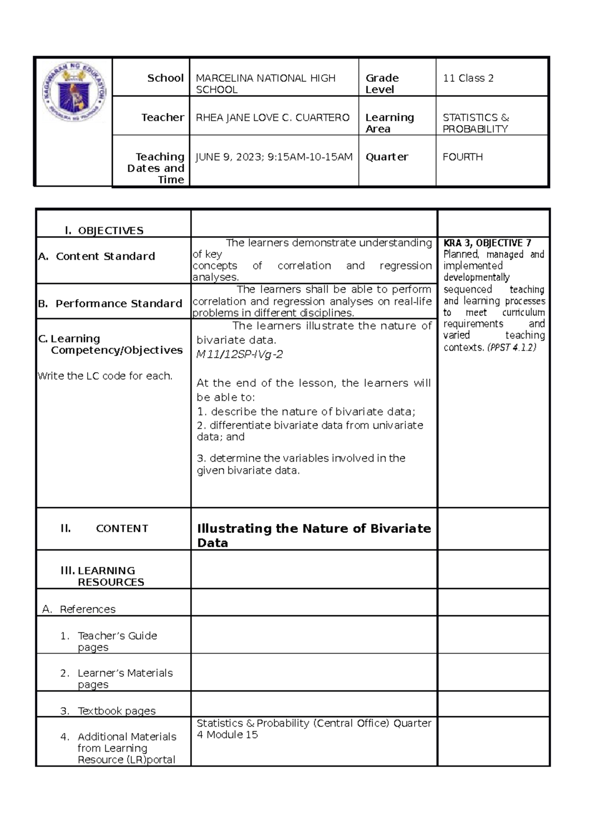 CO2 DLL LP 2023 Lovely - Statistics and Probability Semi-Detailed Lesson Plan - School MARCELINA ...