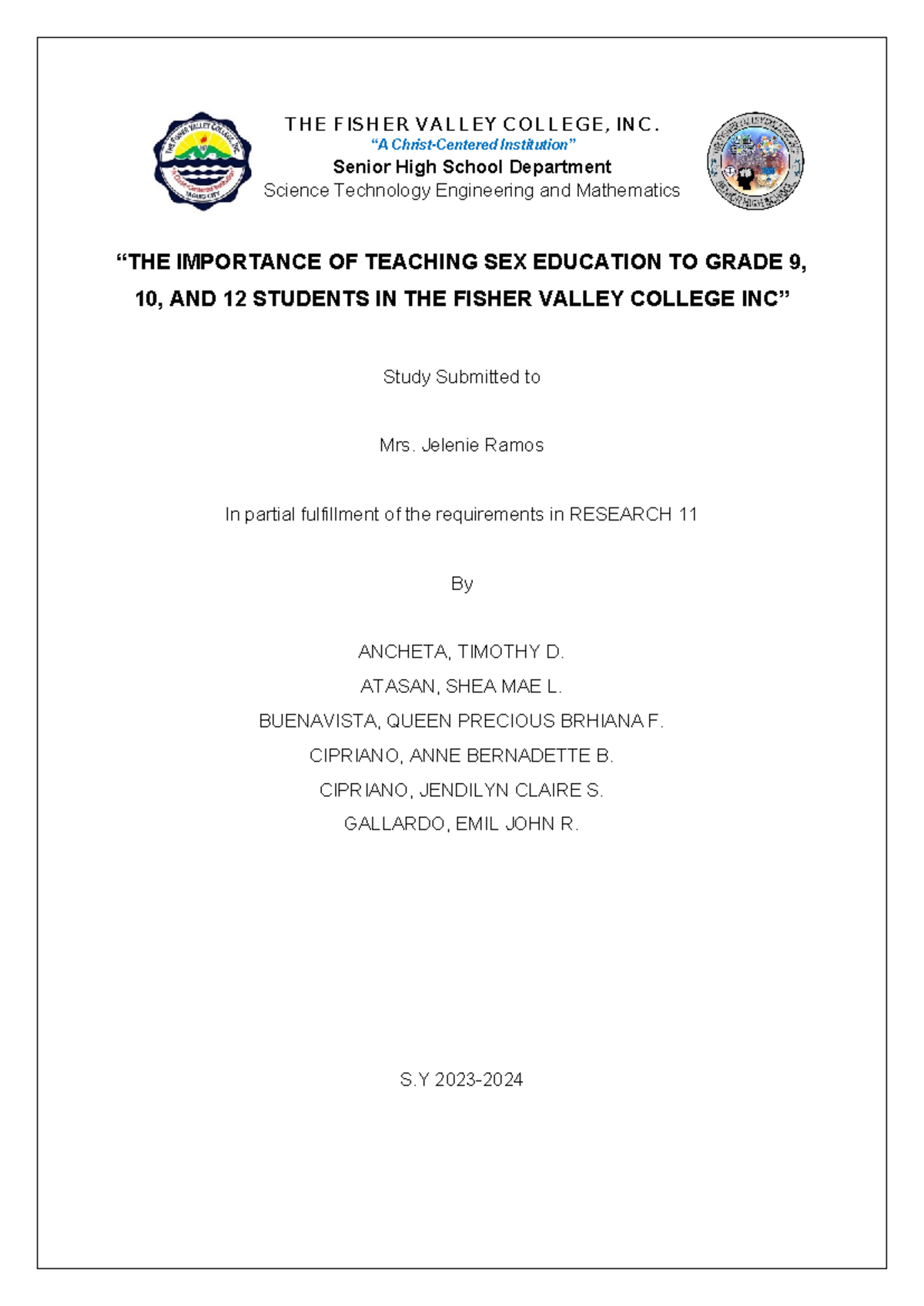 RIDL-STEM-11 - “THE IMPORTANCE OF TEACHING SEX EDUCATION TO GRADE 9, 10 ...