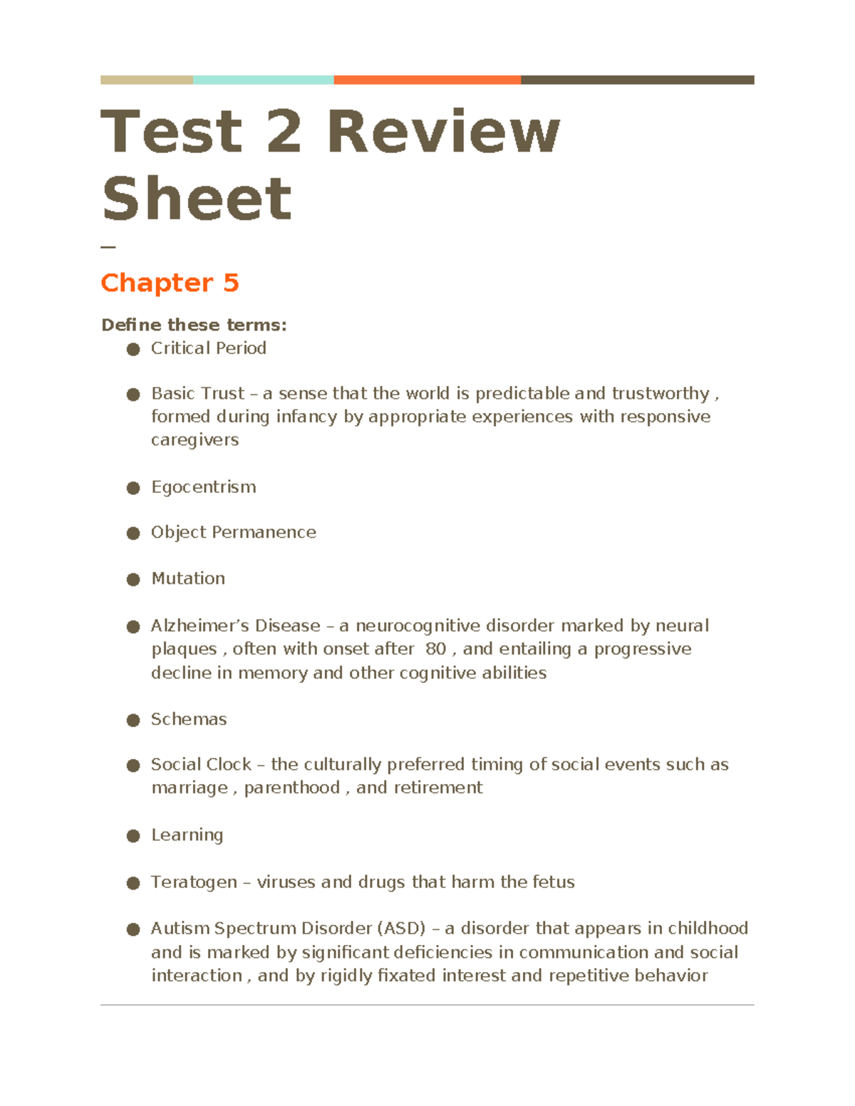 Exam 2 Review Ch. 5, 7, 13 - Test 2 Review Sheet ─ Chapter 5 Define ...