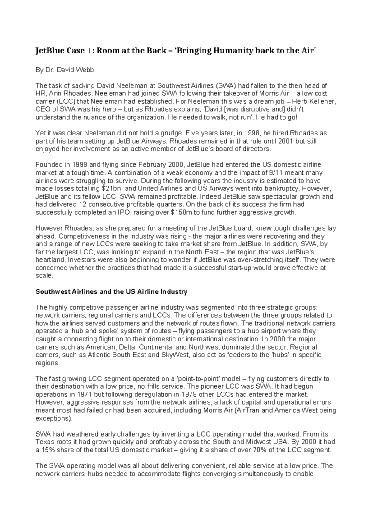 Jet Blue Case Study - Part 1 - JetBlue Case 1: Room at the Back ...