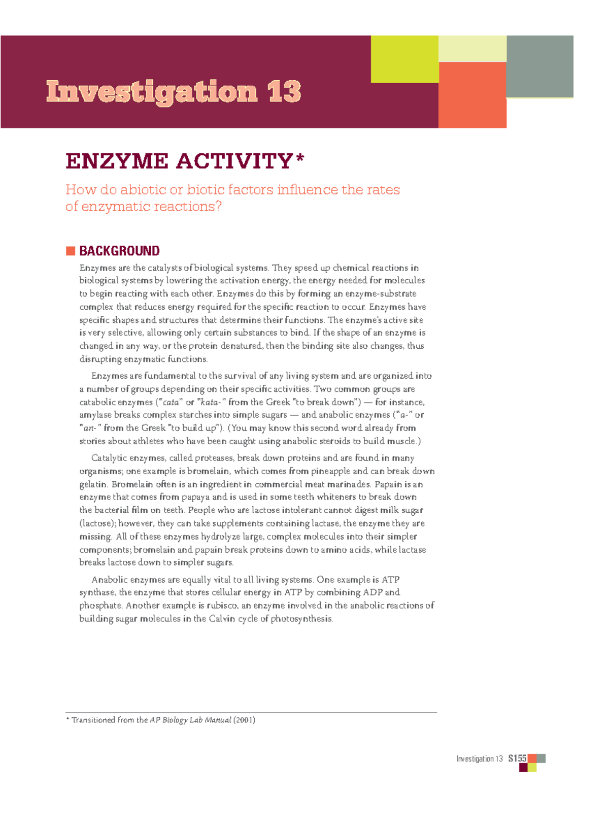 Enzyme Activity Lab Manual Pages - Investigation 13 S Investigation 13 ...
