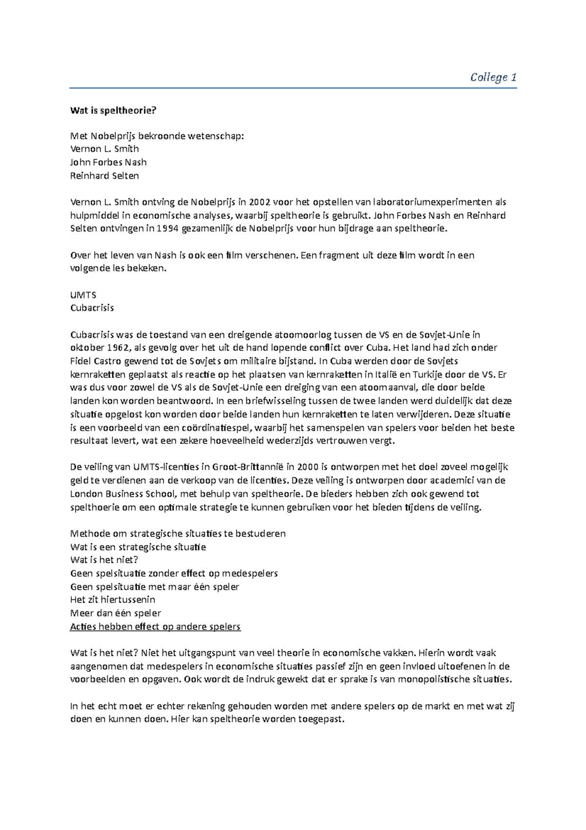 Game Theory College 1, 2 en 3 - College 1 Wat is speltheorie? Met ...
