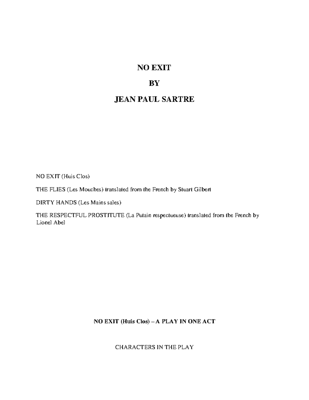 Jean-Paul Sartre - assignments, chapters, and lectures - NO EXIT BY ...
