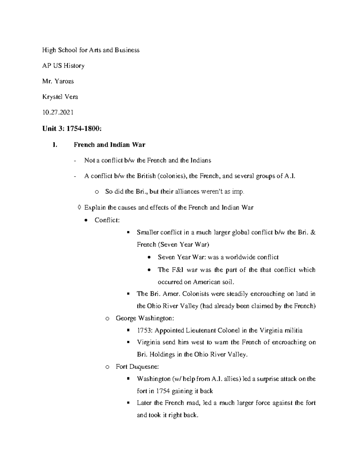 French and Indian War - Outlines of class notes - High School for Arts ...