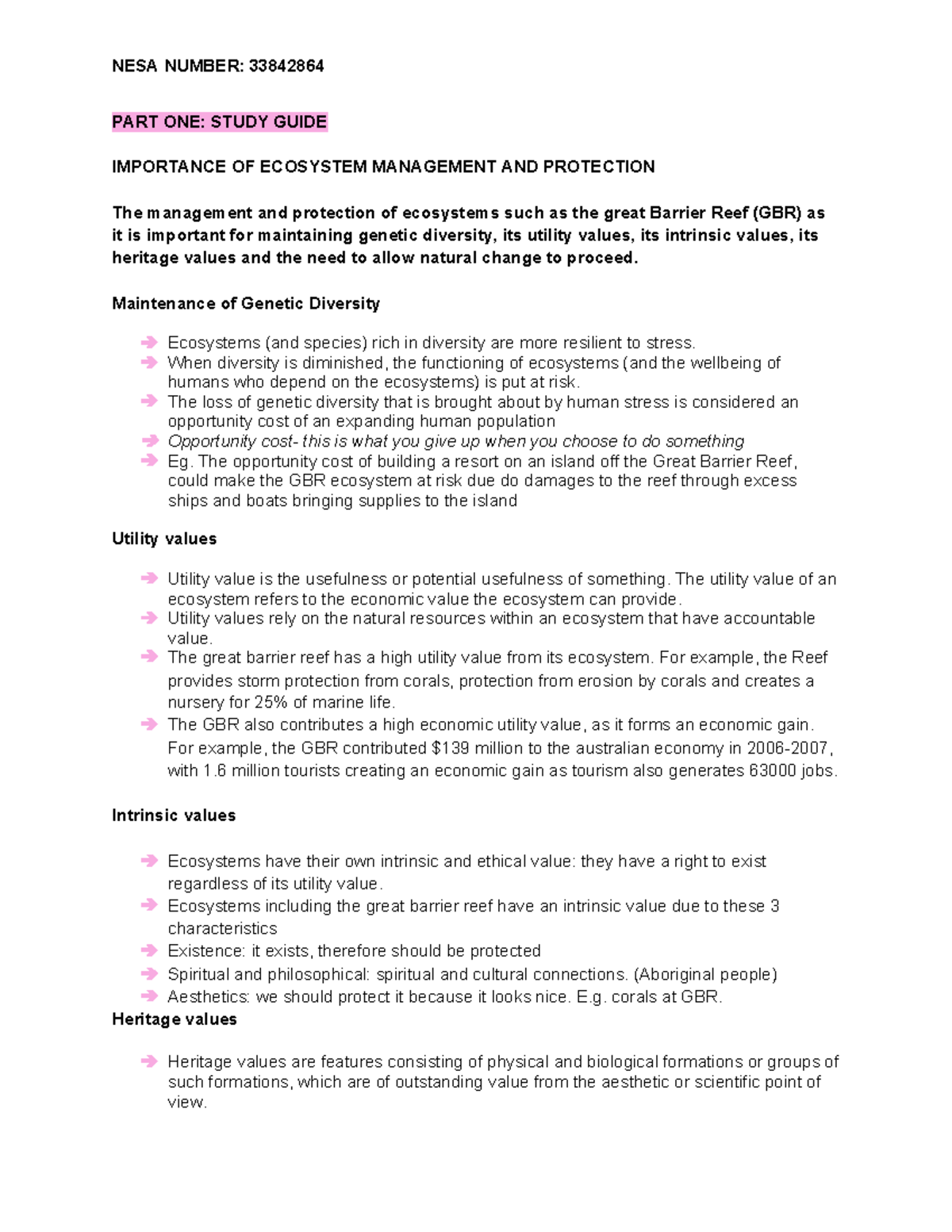 Great Barrier Reef study guide - NESA NUMBER: 33842864 PART ONE: STUDY ...