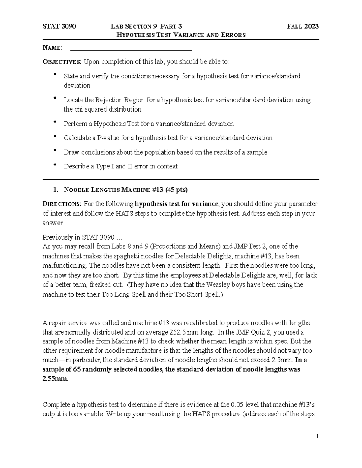 Lab Section 9 Part 3 Variance - STAT 3090 LAB S ECTION 9 PART 3 FALL ...