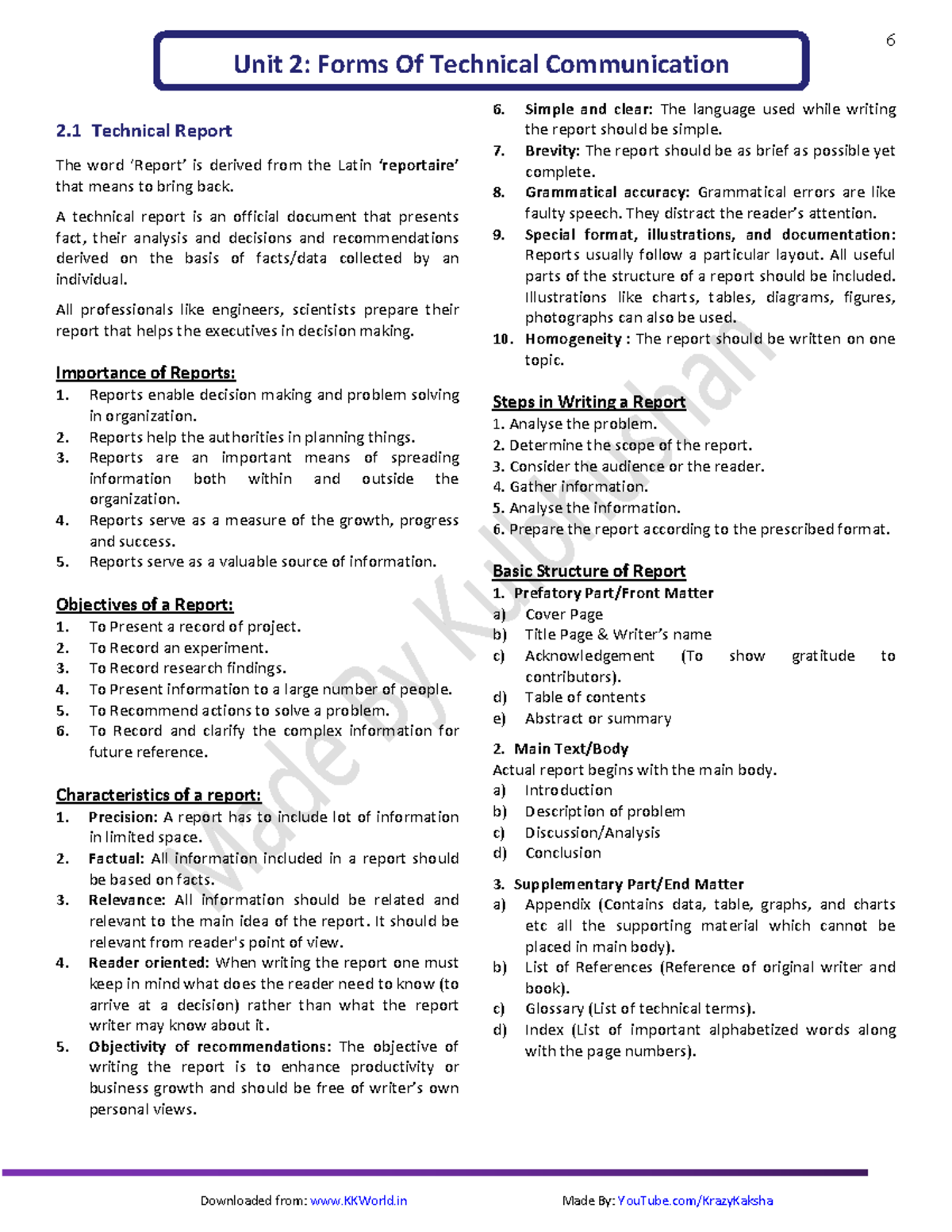 Unit 2 - Best notes for Techinal communication - 2 Technical Report The ...