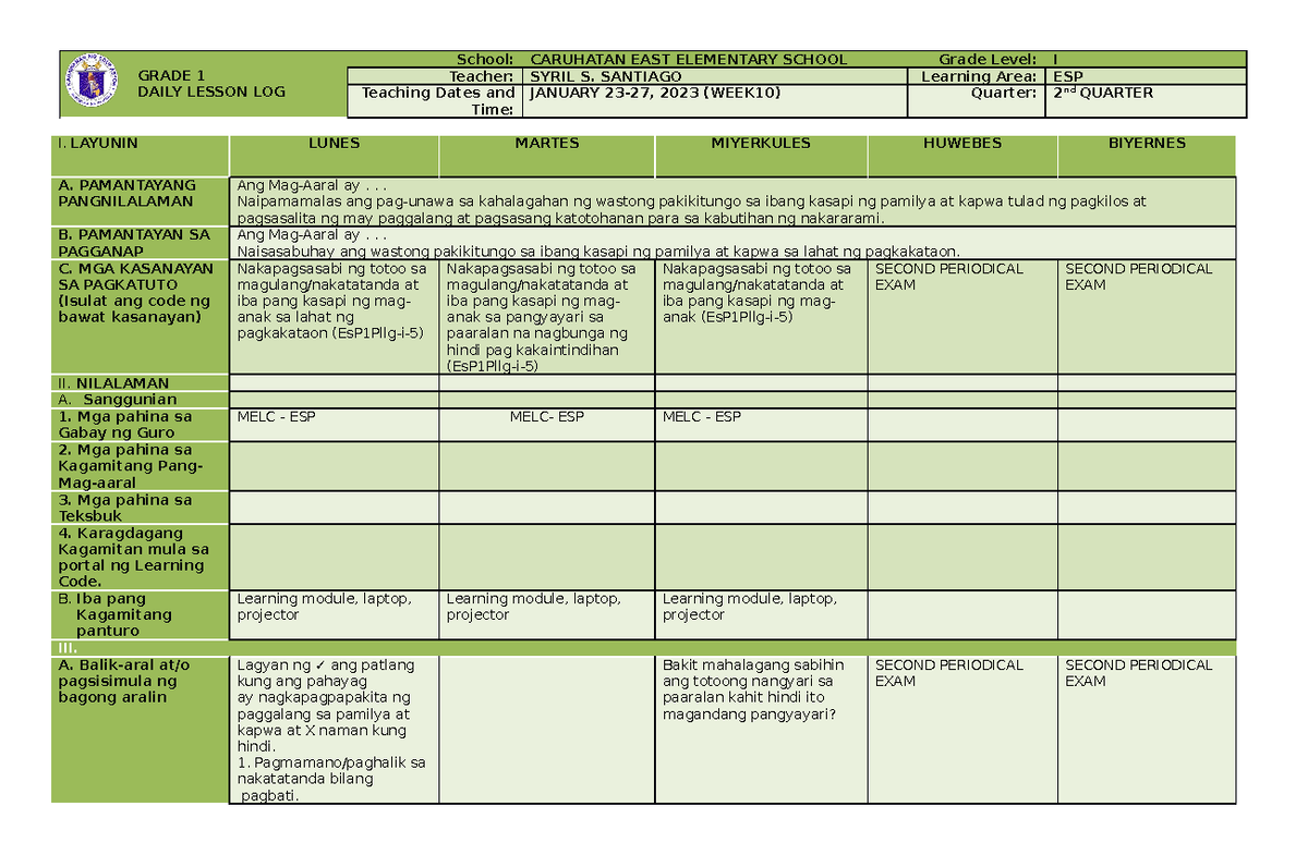 DLL ESP-1 Q2 W10 - esp q2 - GRADE 1 DAILY LESSON LOG School: CARUHATAN ...