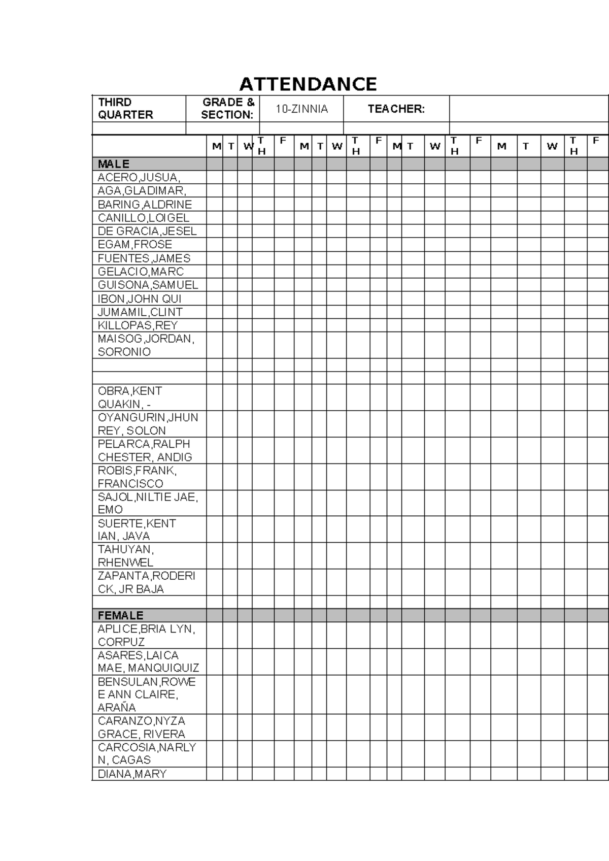 Attendance LIST Zinnia AND Vanda - ATTENDANCE THIRD QUARTER GRADE ...