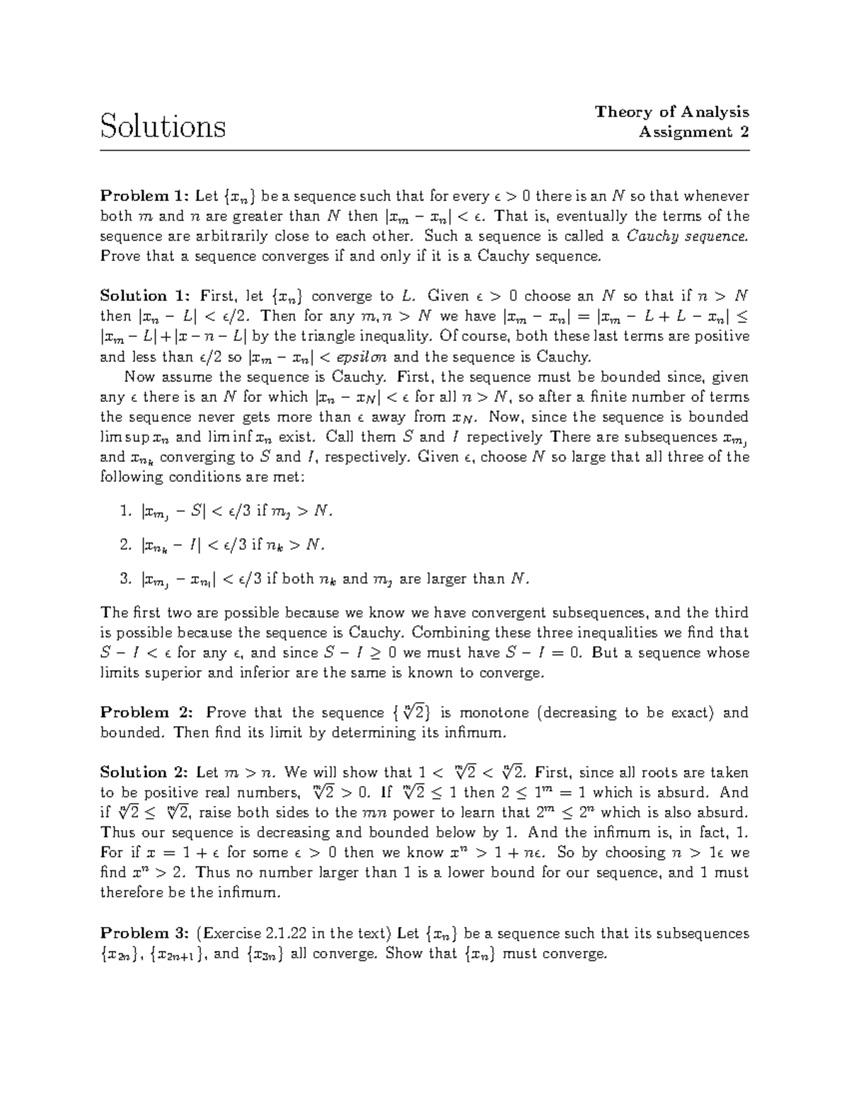 13 Homework 04 Solution - Solutions Theory of Analysis Assignment 2 ...