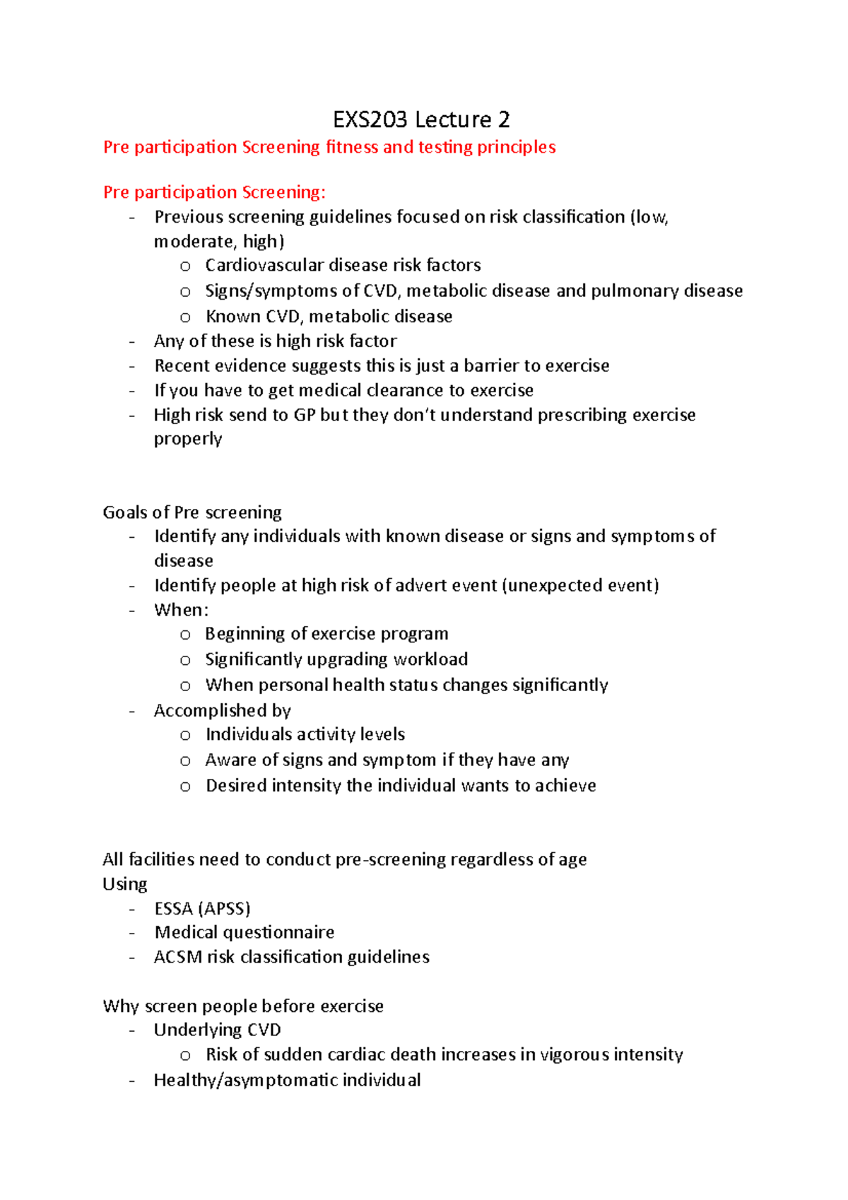 Pre Participation Screening and Fitness Testing Principles - Studocu