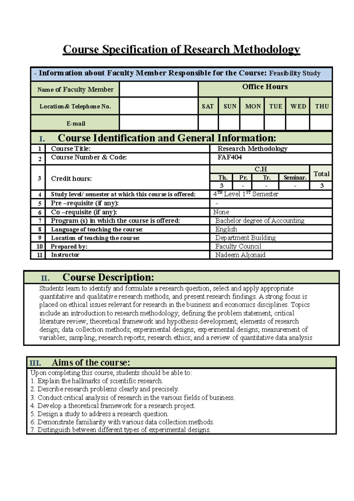Ready Course Specification of Research Methodology - Course ...