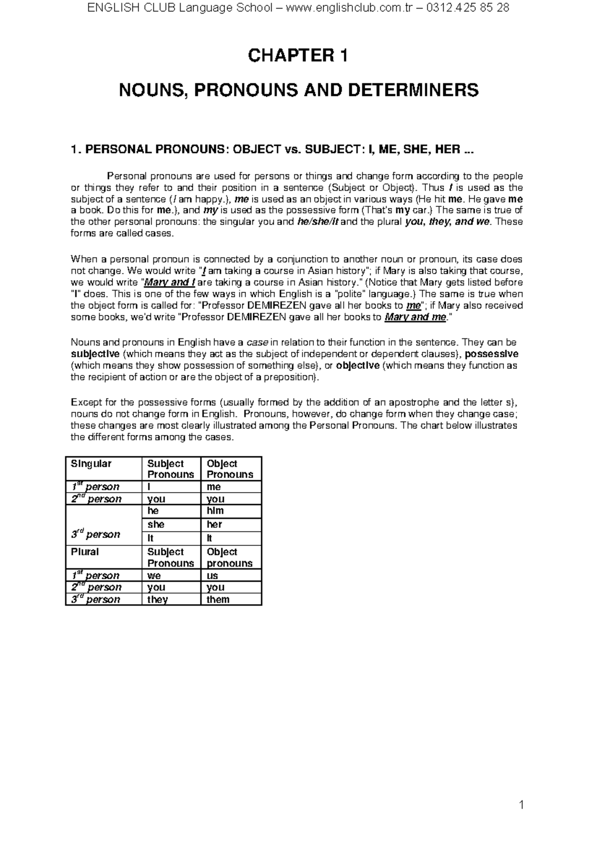 Detailed Grammar Notes - CHAPTER 1 NOUNS, PRONOUNS AND DETERMINERS 1 ...