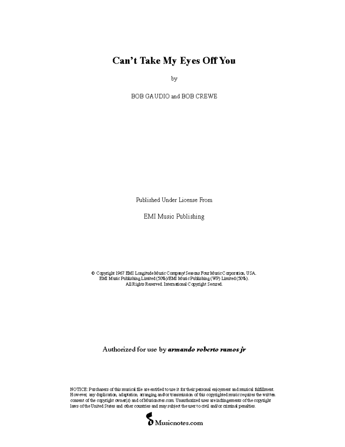 Ily - exercise - Can’t Take My Eyes Off You by BOB GAUDIO and BOB CREWE ...