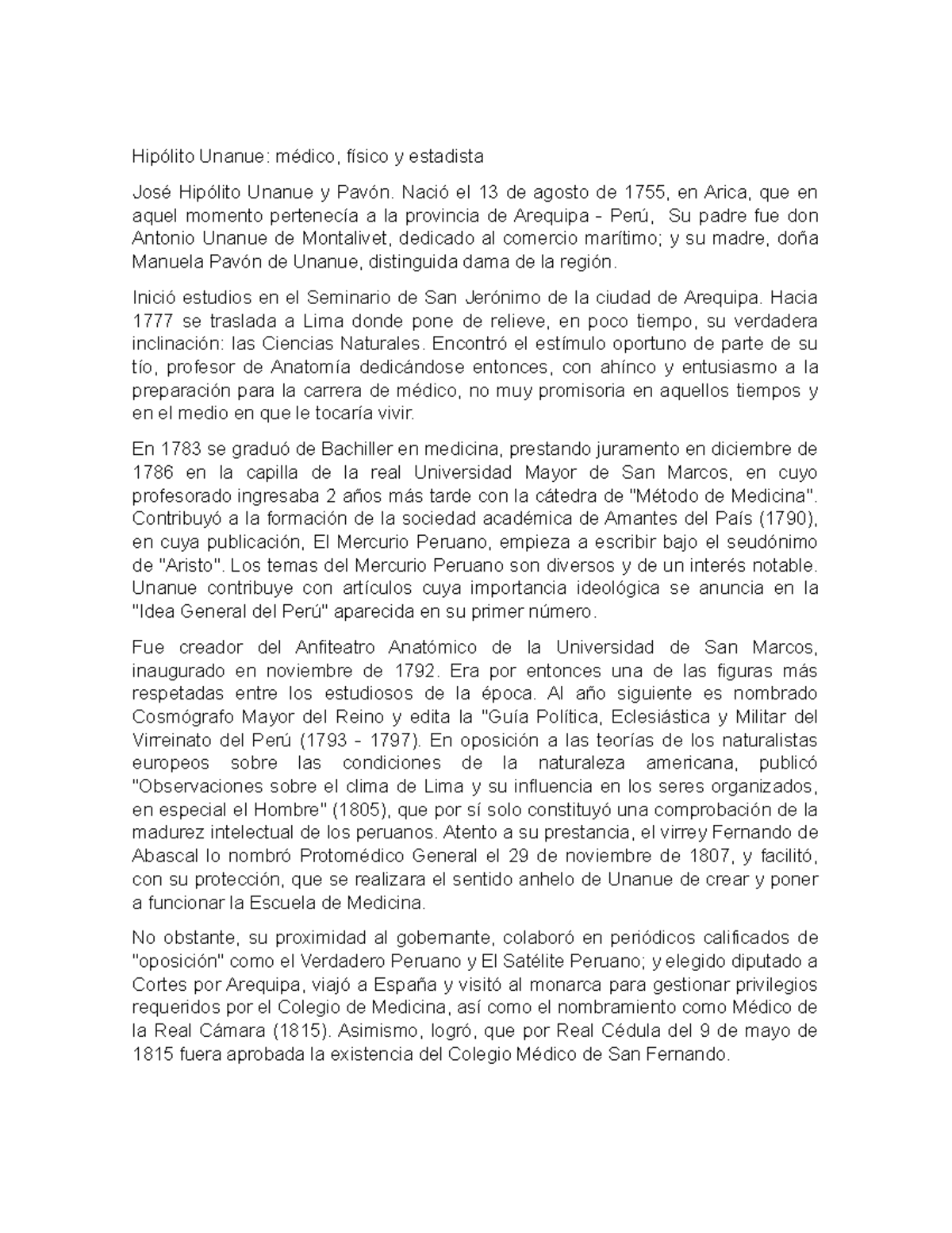 Hipólito Unanue - nota - Hipólito Unanue: médico, físico y estadista ...