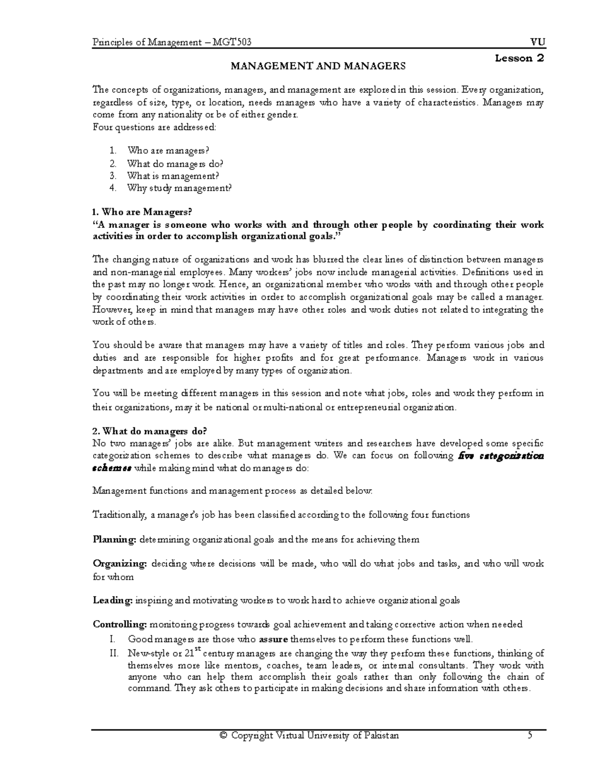 MGT503 - Notes - MANAGEMENT AND MANAGERS Lesson 2 The concepts of ...
