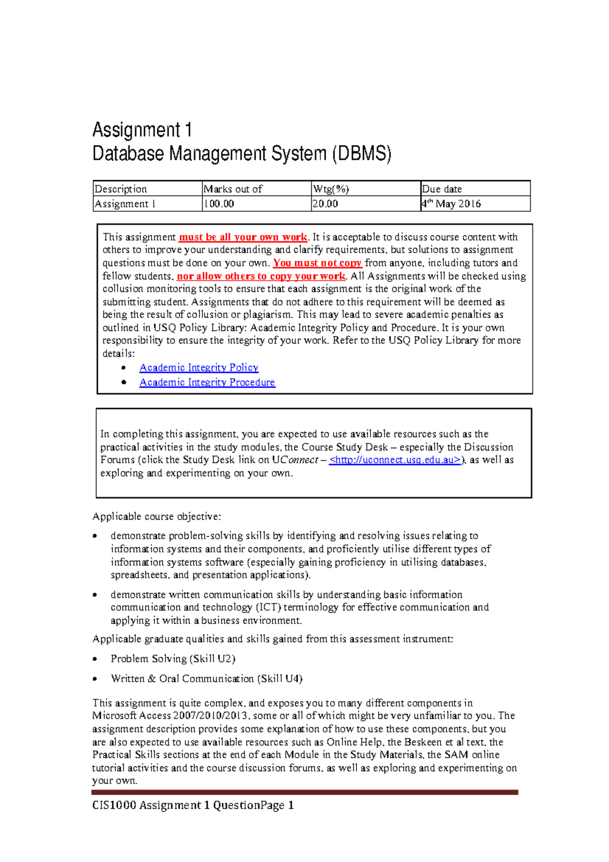 Assignment 01 Question File S1 2016 - Assignment 1 Database Management ...