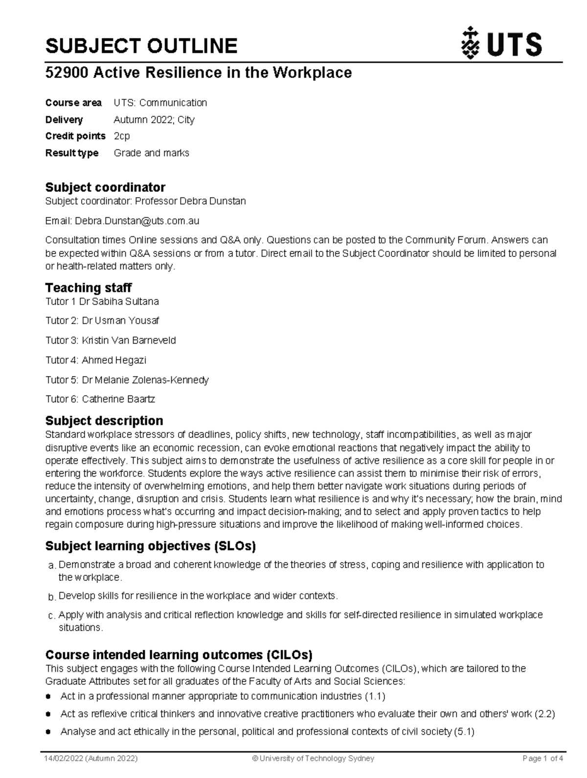 52900 Active Resilience in the Workplace - Subject Outline - SUBJECT ...