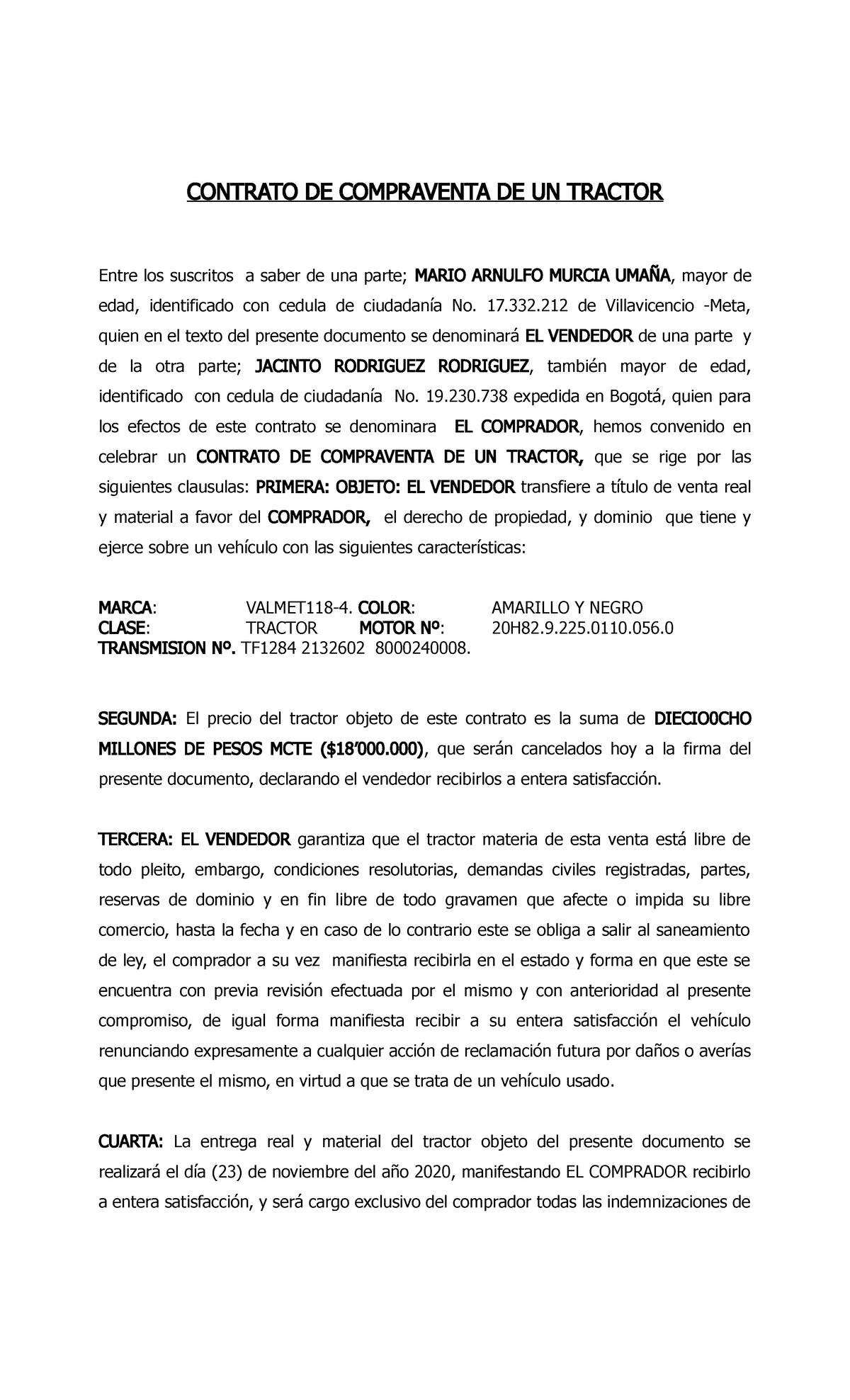 Tractor - 0000000000000 - CONTRATO DE COMPRAVENTA DE UN TRACTOR Entre ...