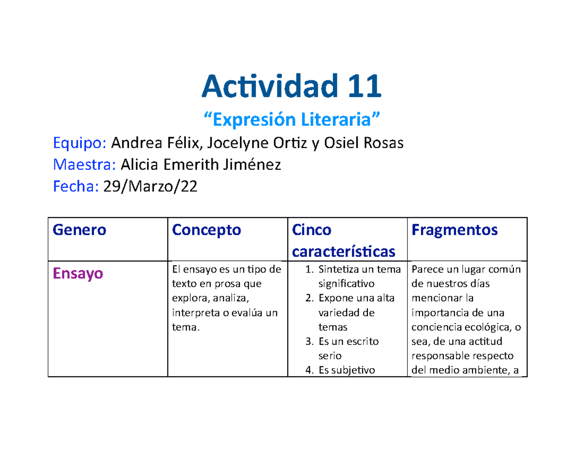 Actividad 11 Expresion Literaria - Actividad 11 “Expresión Literaria ...