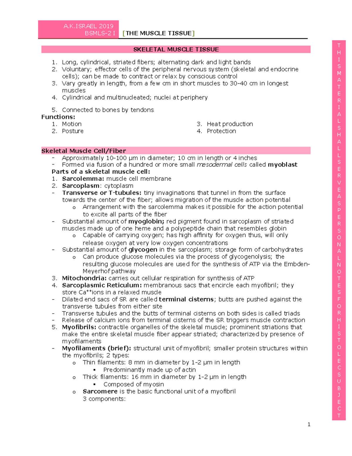 THE- Muscle- Tissue - Lecture notes from our Histology class - BSMLS-2 ...