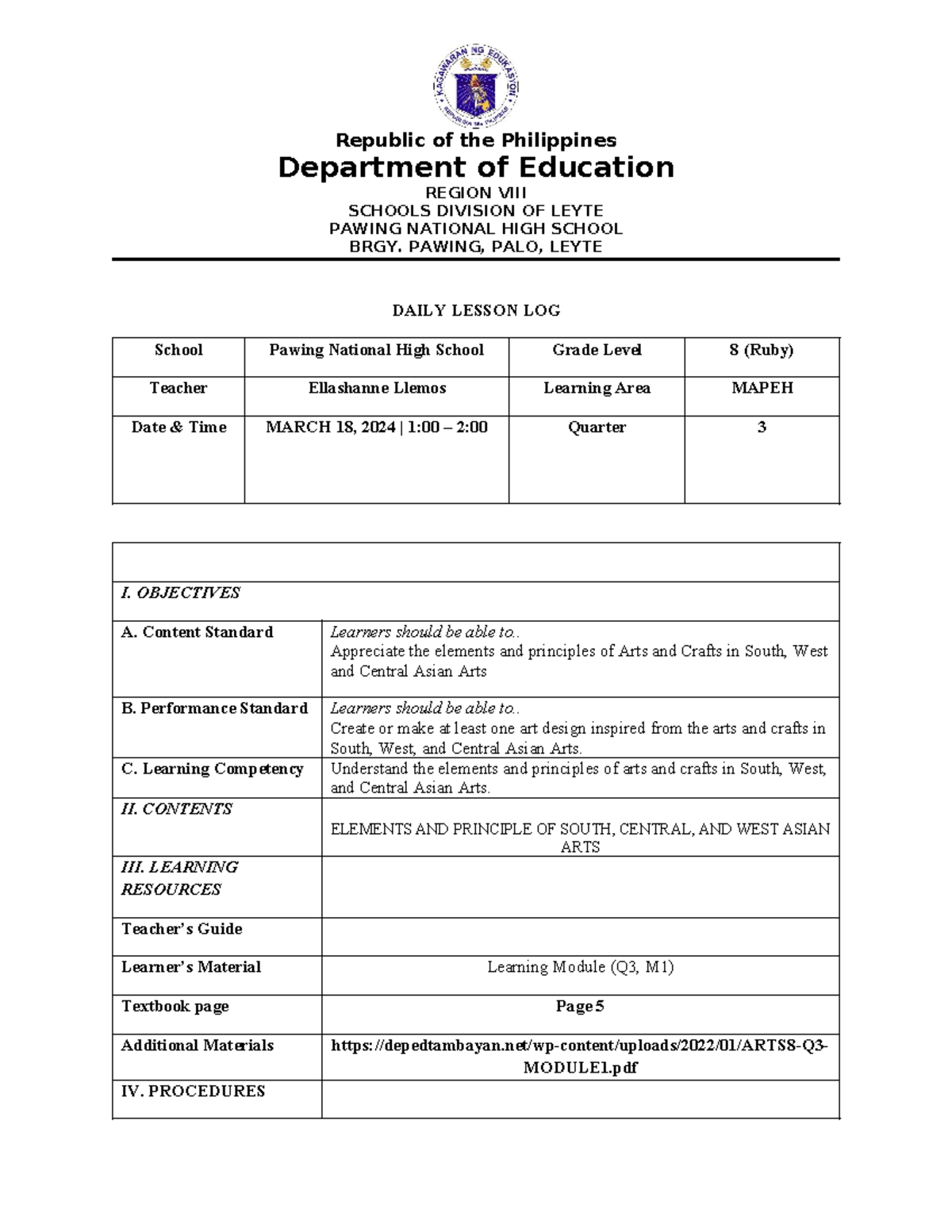 Arts 8 LP Mod1 - Lesson Plan for Grade 8 MAPEH - Republic of the ...
