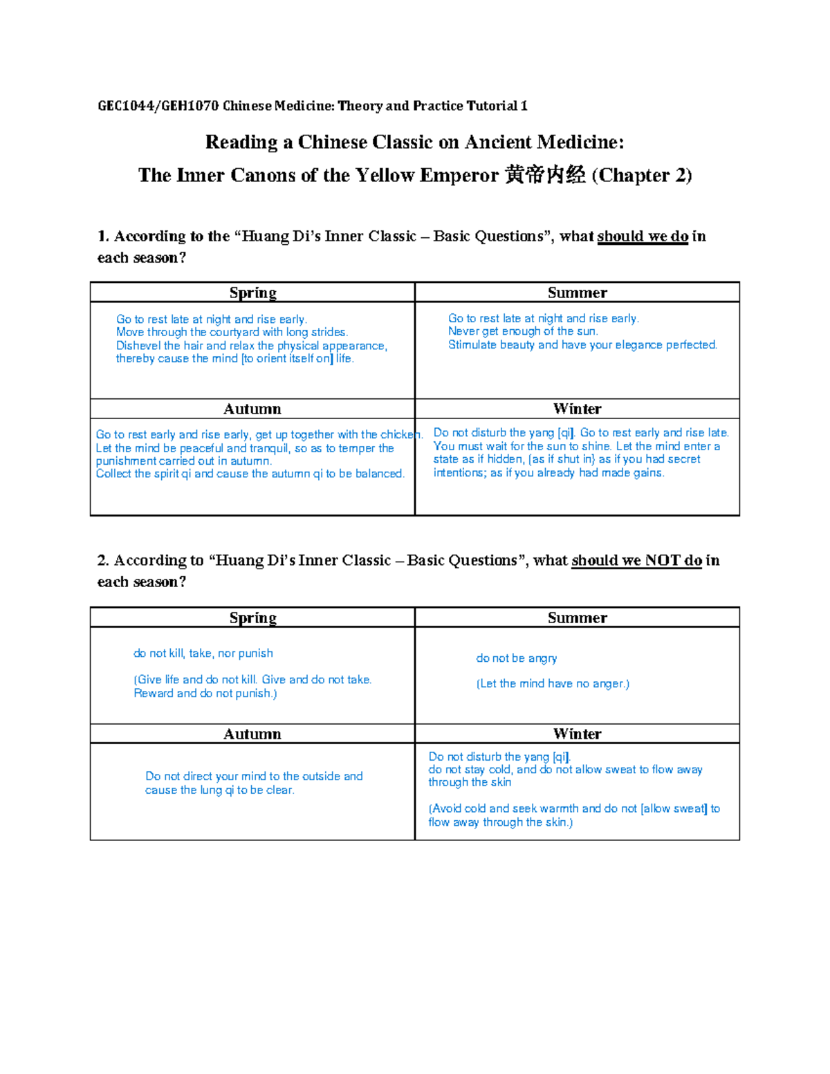Tutorial 1 qns - GEC1044 - GEC1044/GEH1070 Chinese Medicine: Theory and ...