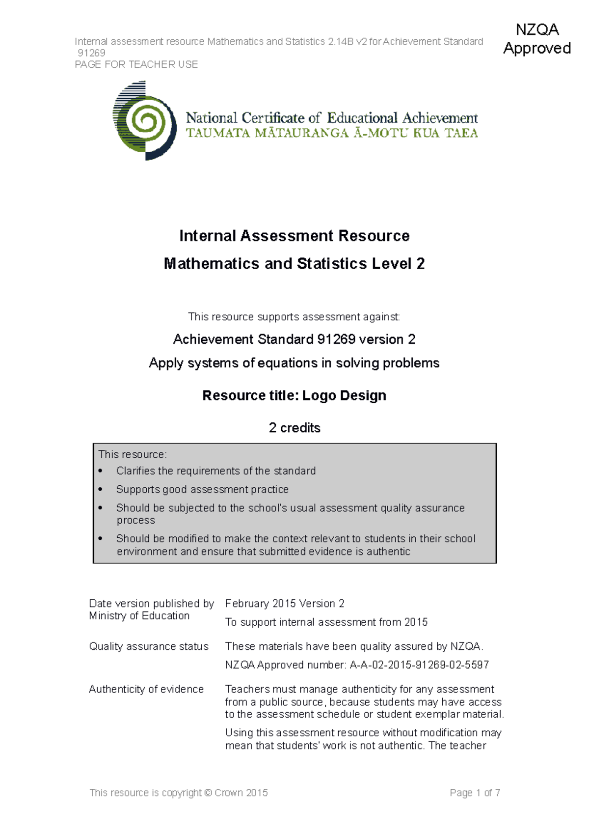 Maths 2 14B v2 feb15 - test question and criteria - Internal assessment ...