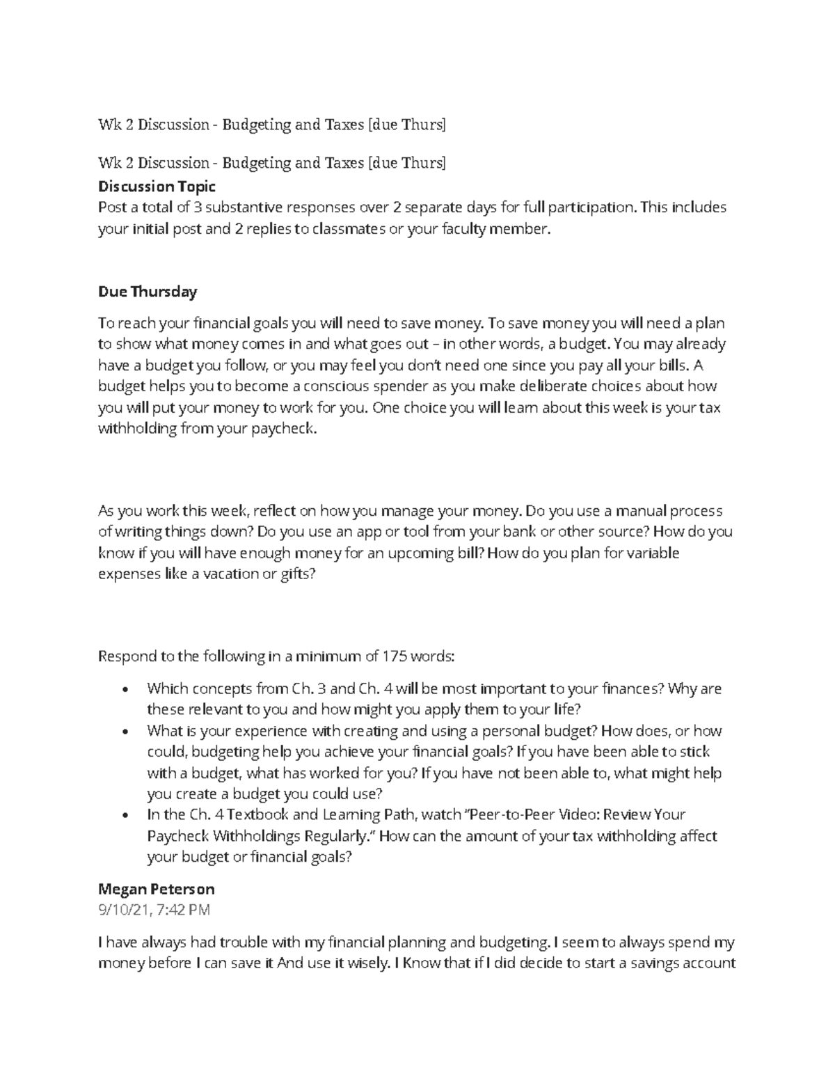 Week 2 discussion budgeting and taxes - Wk 2 Discussion - Budgeting and ...