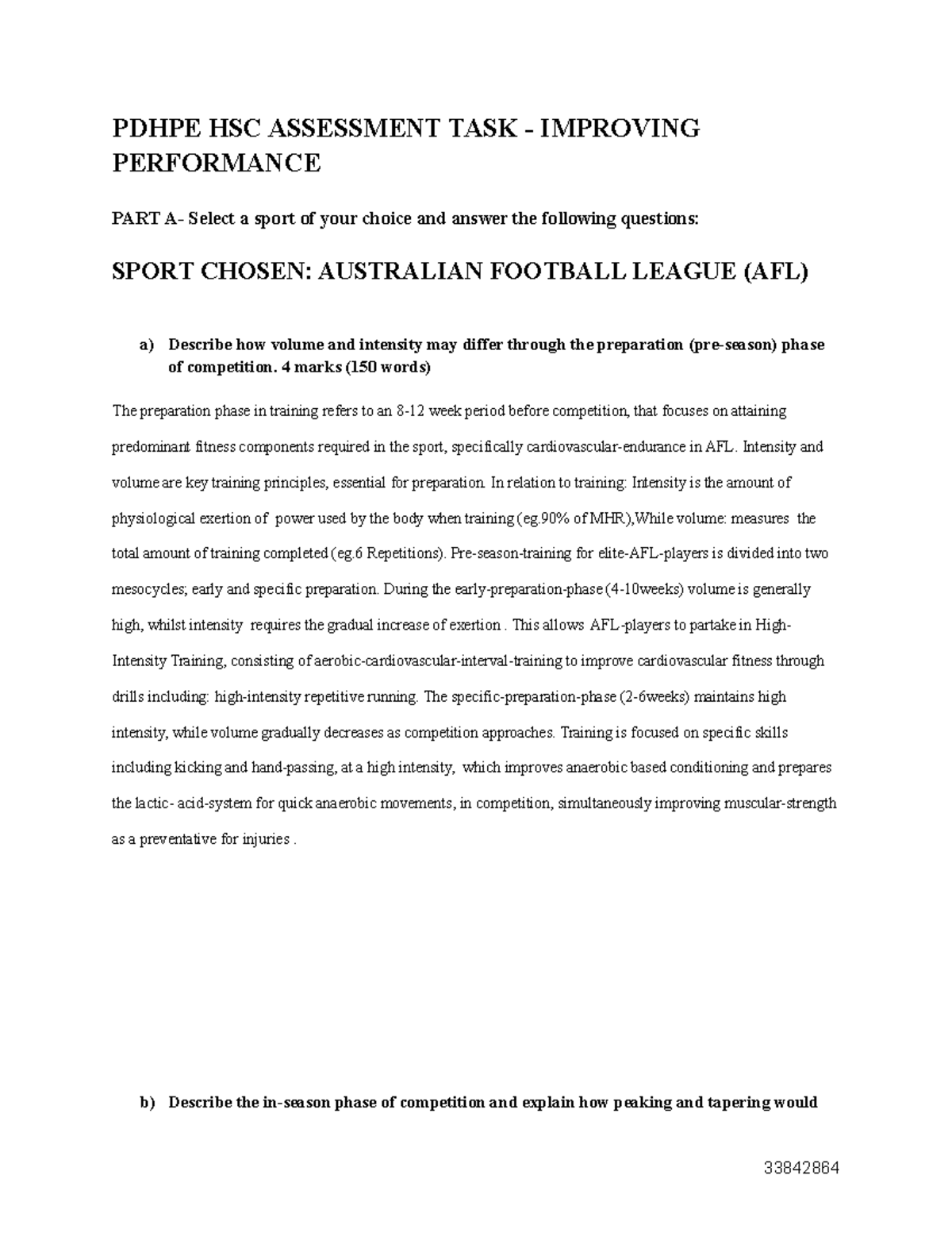 PART A - Pdhpe HSC Assessment TASK - Improving Performance - PDHPE HSC ...