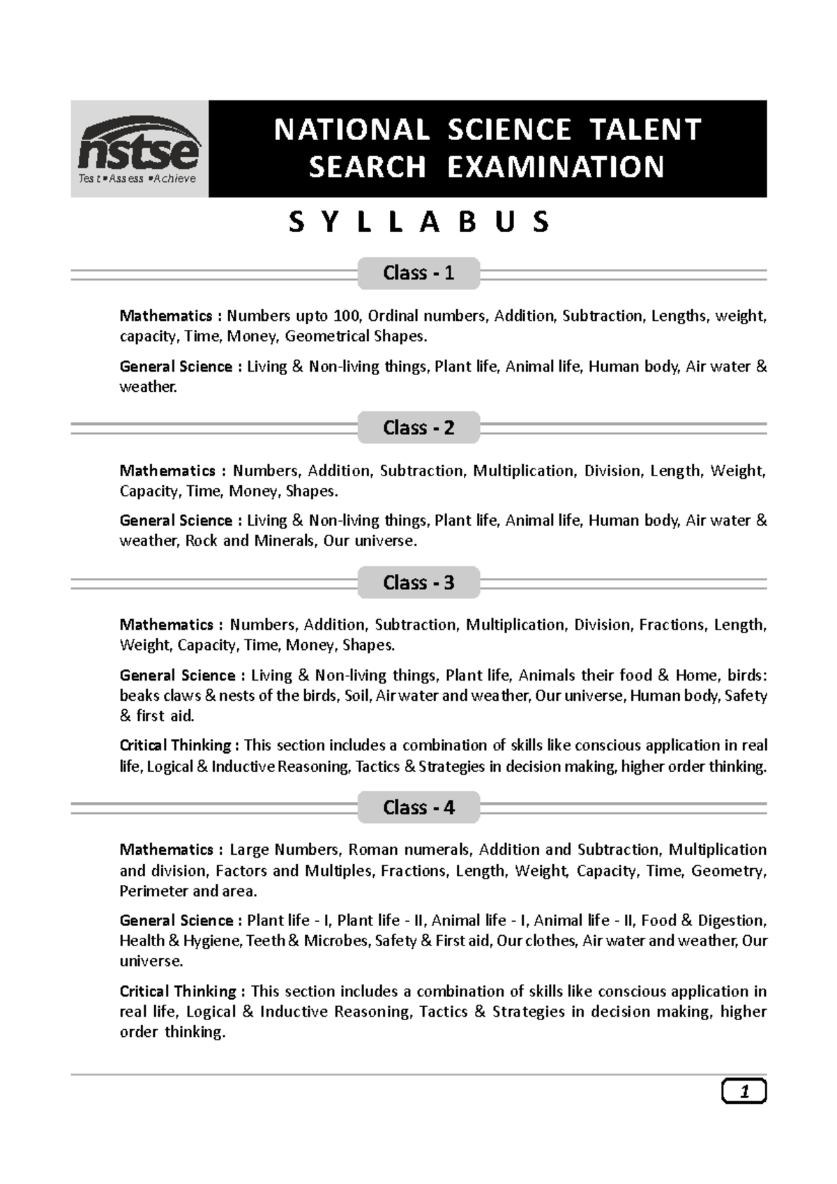 Syllabus Nstse - FOR PCMB GRADE 9 - 1 S Y L L A B U S NATIONAL SCIENCE ...