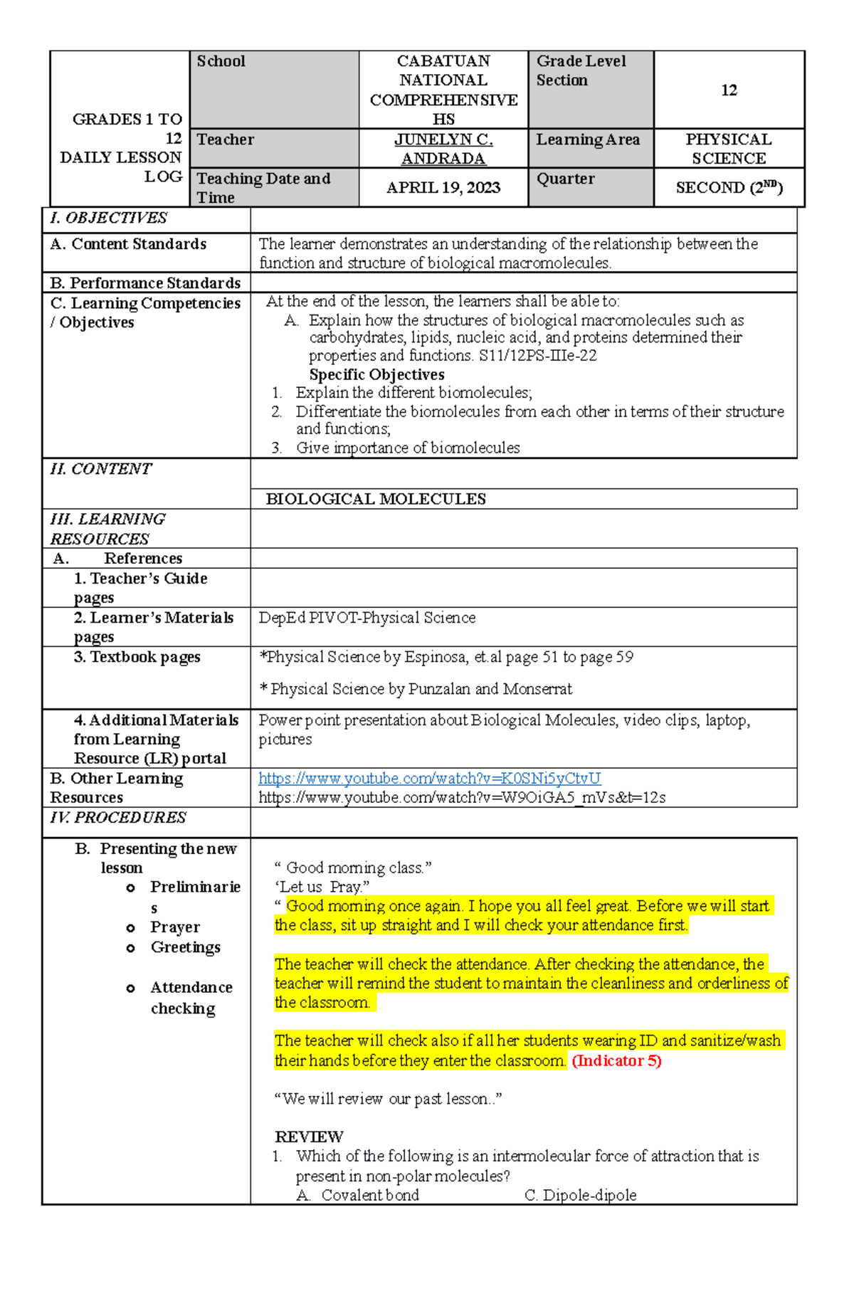 Lesson plan physical science - GRADES 1 TO 12 DAILY LESSON LOG School ...