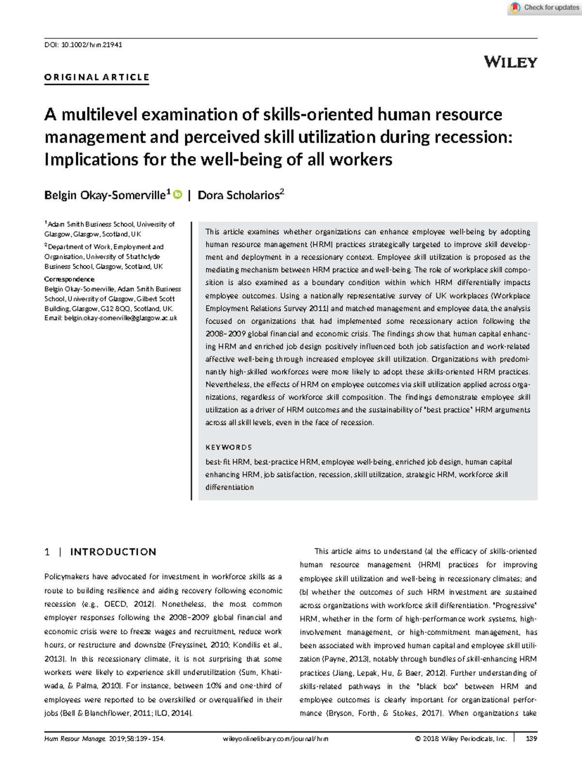 Human Resource Management - 2018 - Okay‐Somerville - A multilevel examination of skills‐oriented ...