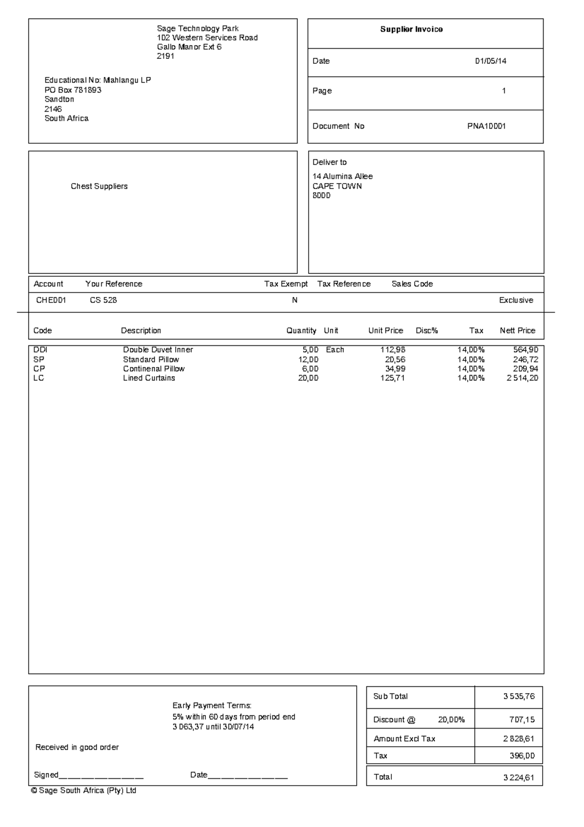 Chest Suppliers invoice CS528 - Date Page Document No Deliver to ...