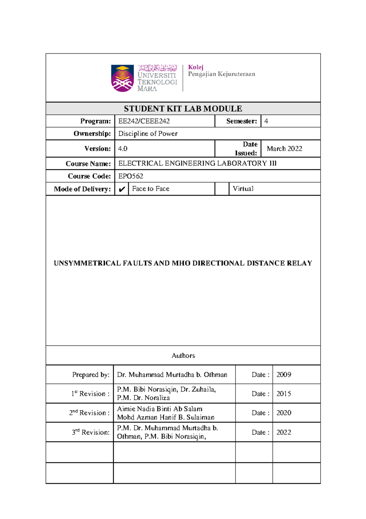 EPO562 - P6 F2F Student KIT - STUDENT KIT LAB MODULE Program: EE242 ...